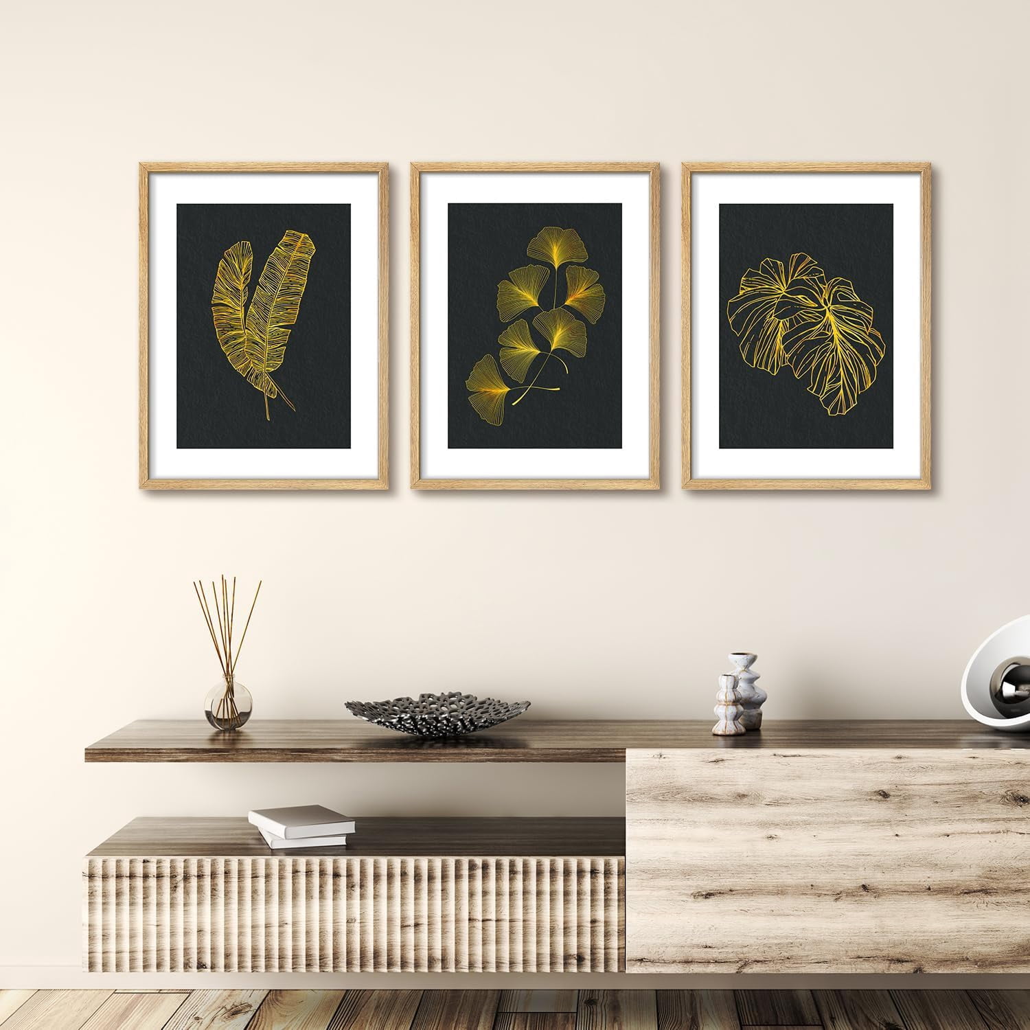 PixonSign Framed Wall Art Leaves Posters, Set of 3 Gold Line Botanical ...