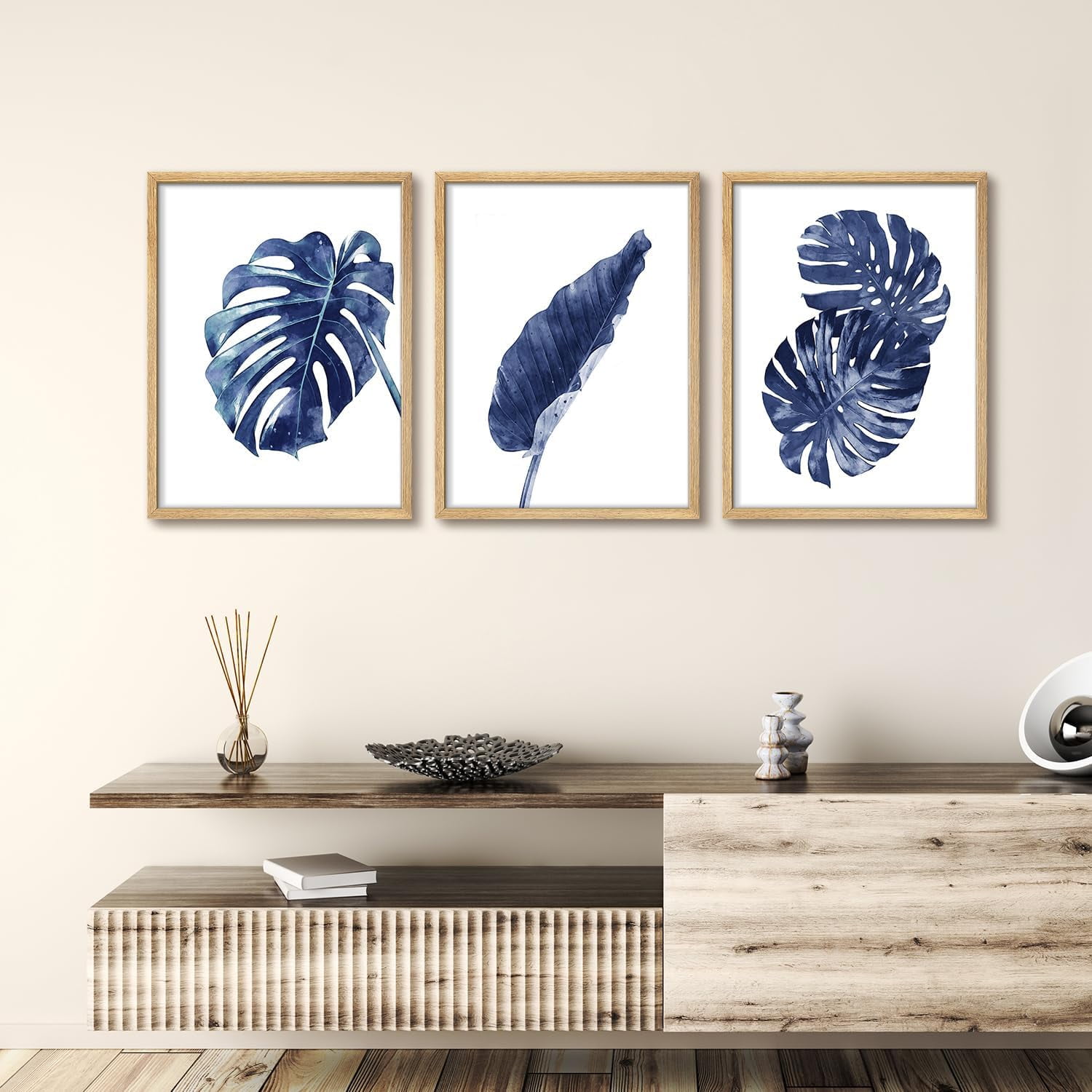 PixonSign Framed Wall Art Navy Blue Plam Leaves Posters, Set of 3 ...