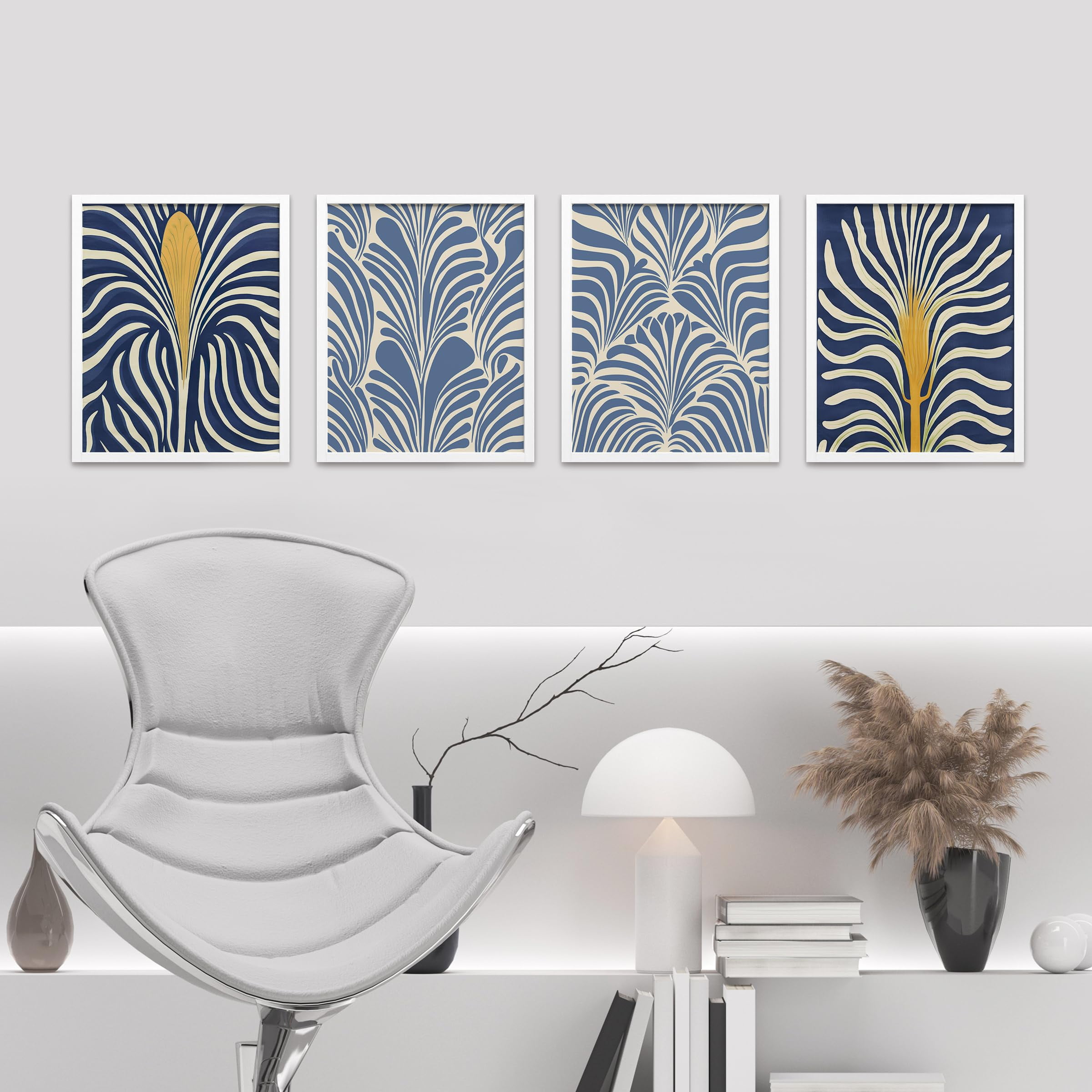 PixonSign Framed Wall Art Navy and Gold Leave Pattern Prints, Set of 4 ...