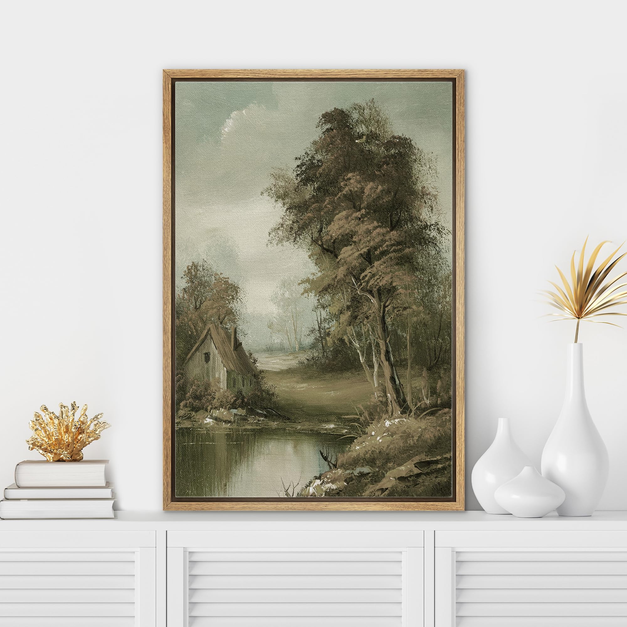 PixonSign Framed Wall Art Old Cottage Near Forest Tree Lake Floral ...