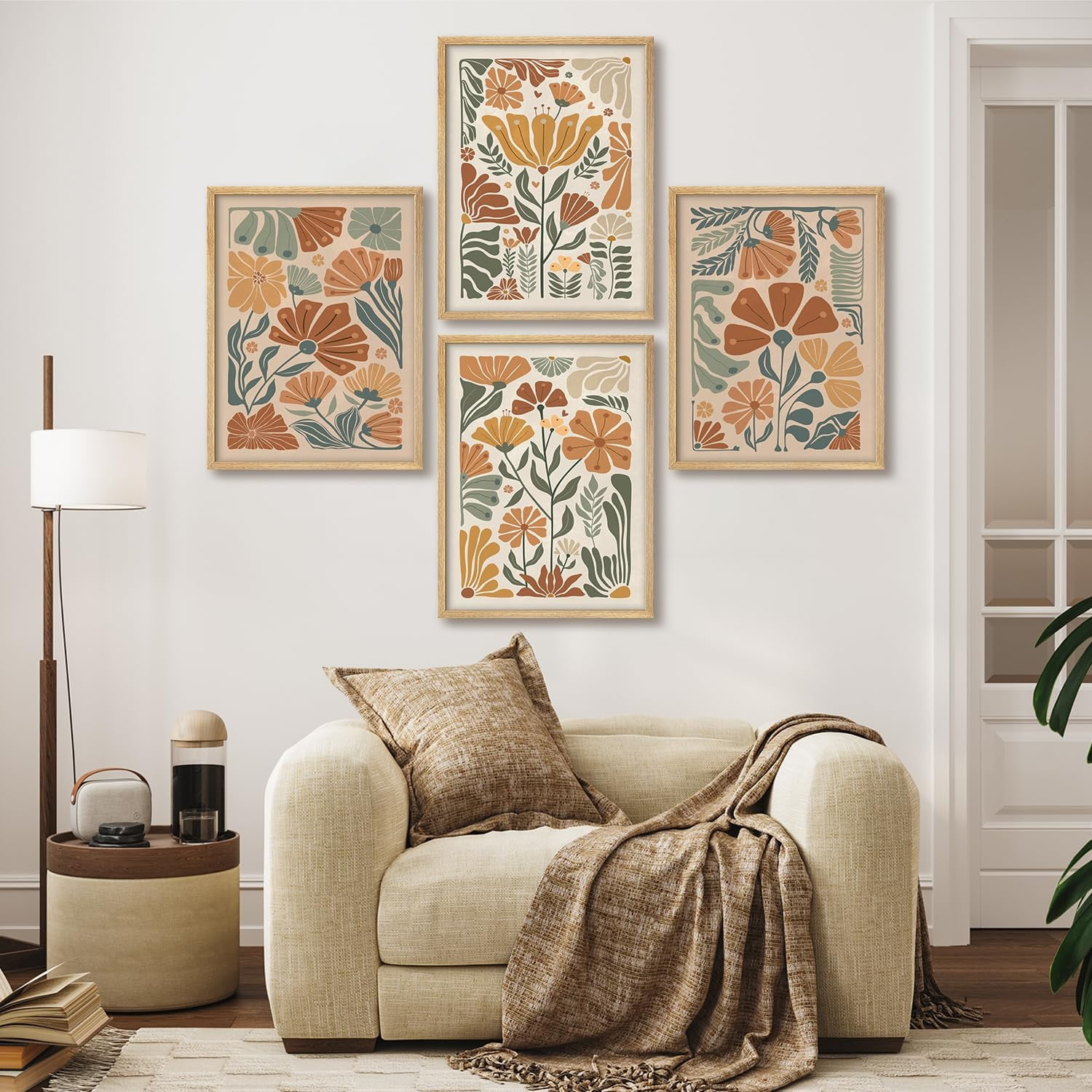PixonSign Framed Wall Art Orange & Green Daisy Floral Posters, Set of 4 ...