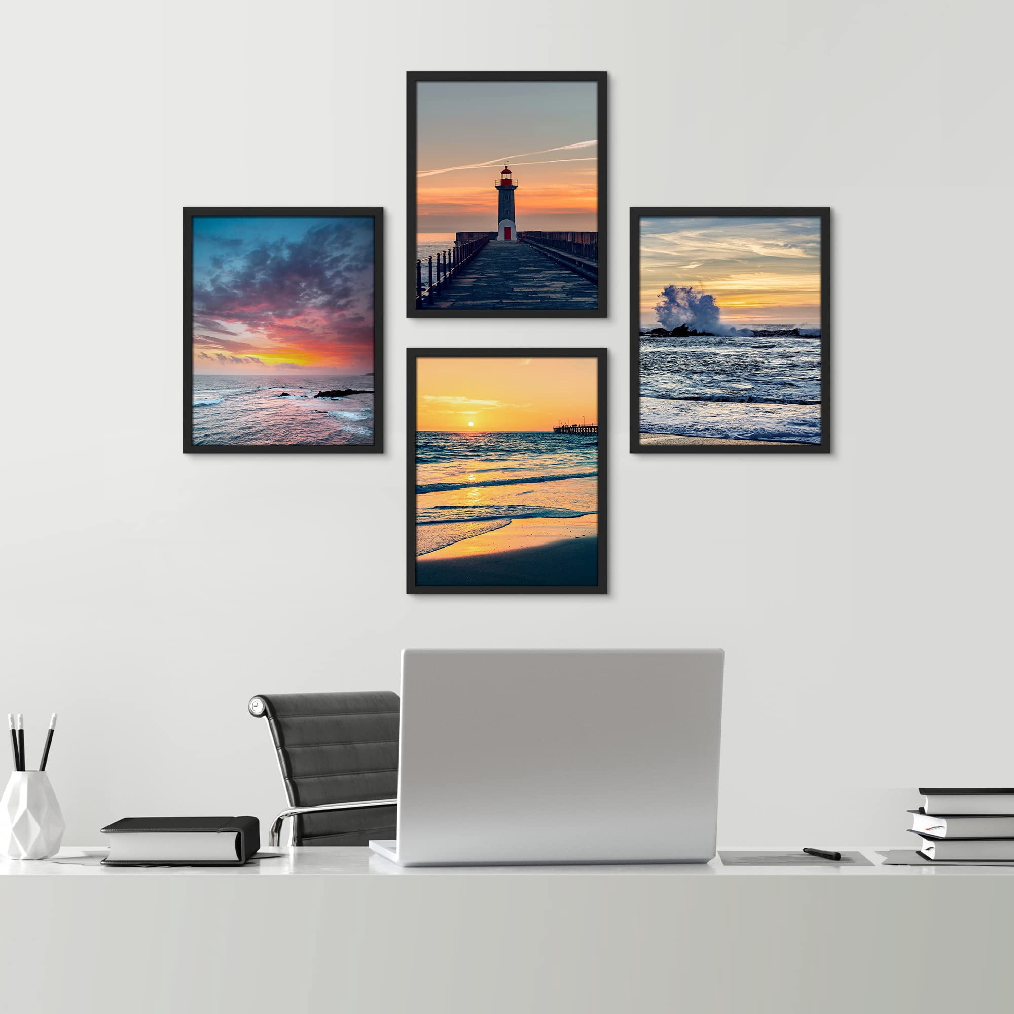 PixonSign Framed Wall Art Orange Sunset Lighthouse Ocean Prints, Set of ...
