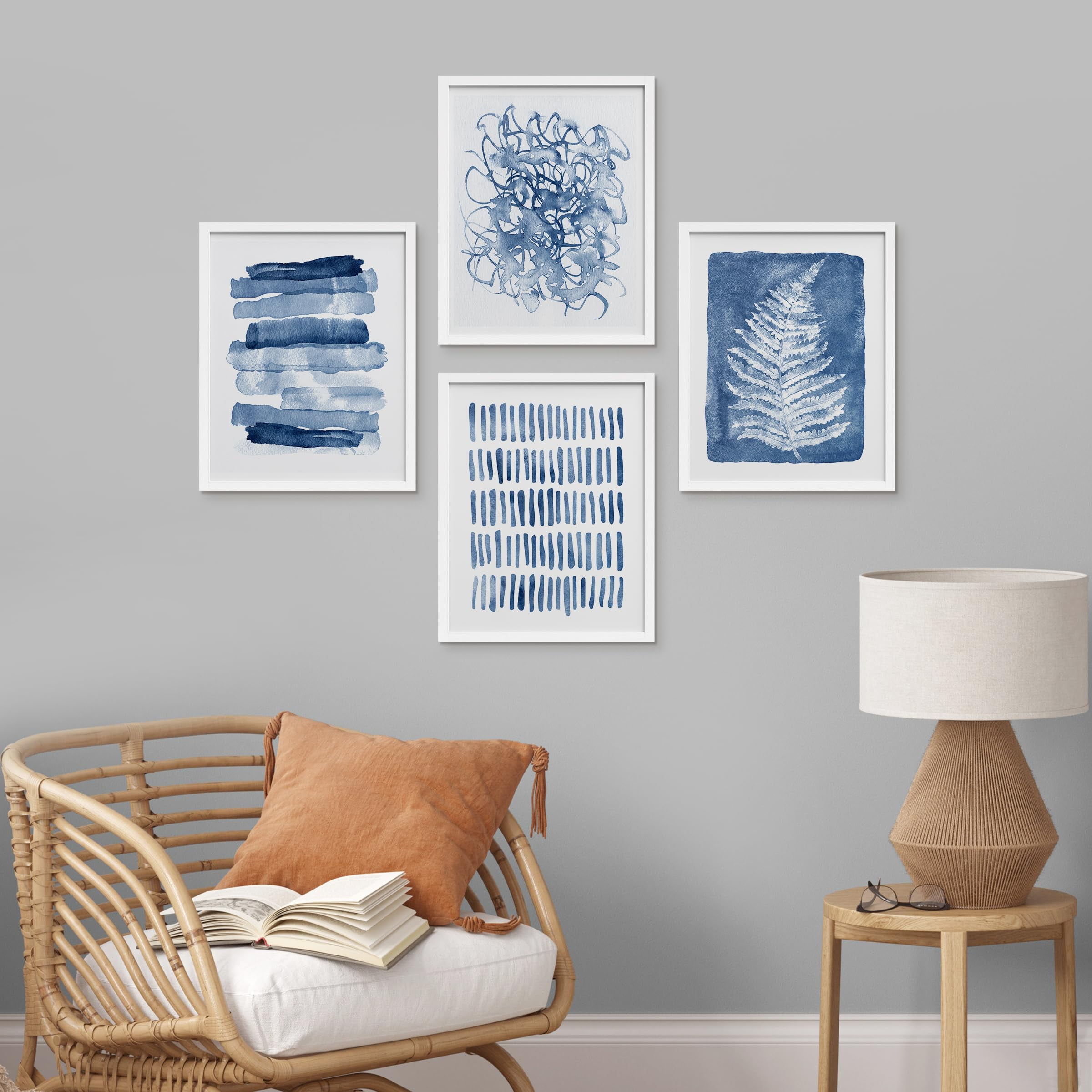 PixonSign Framed Wall Art Pastel Blue Fern Plant & Polygons Prints, Set ...