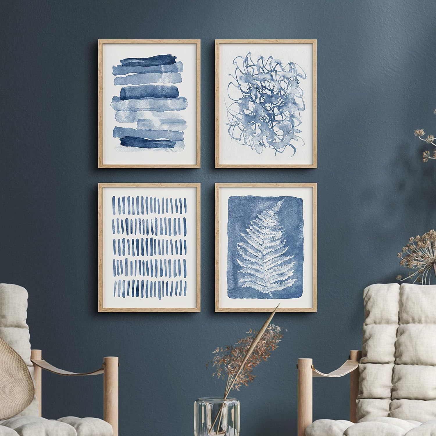 PixonSign Framed Wall Art Pastel Blue Fern Plant & Polygons Prints, Set ...