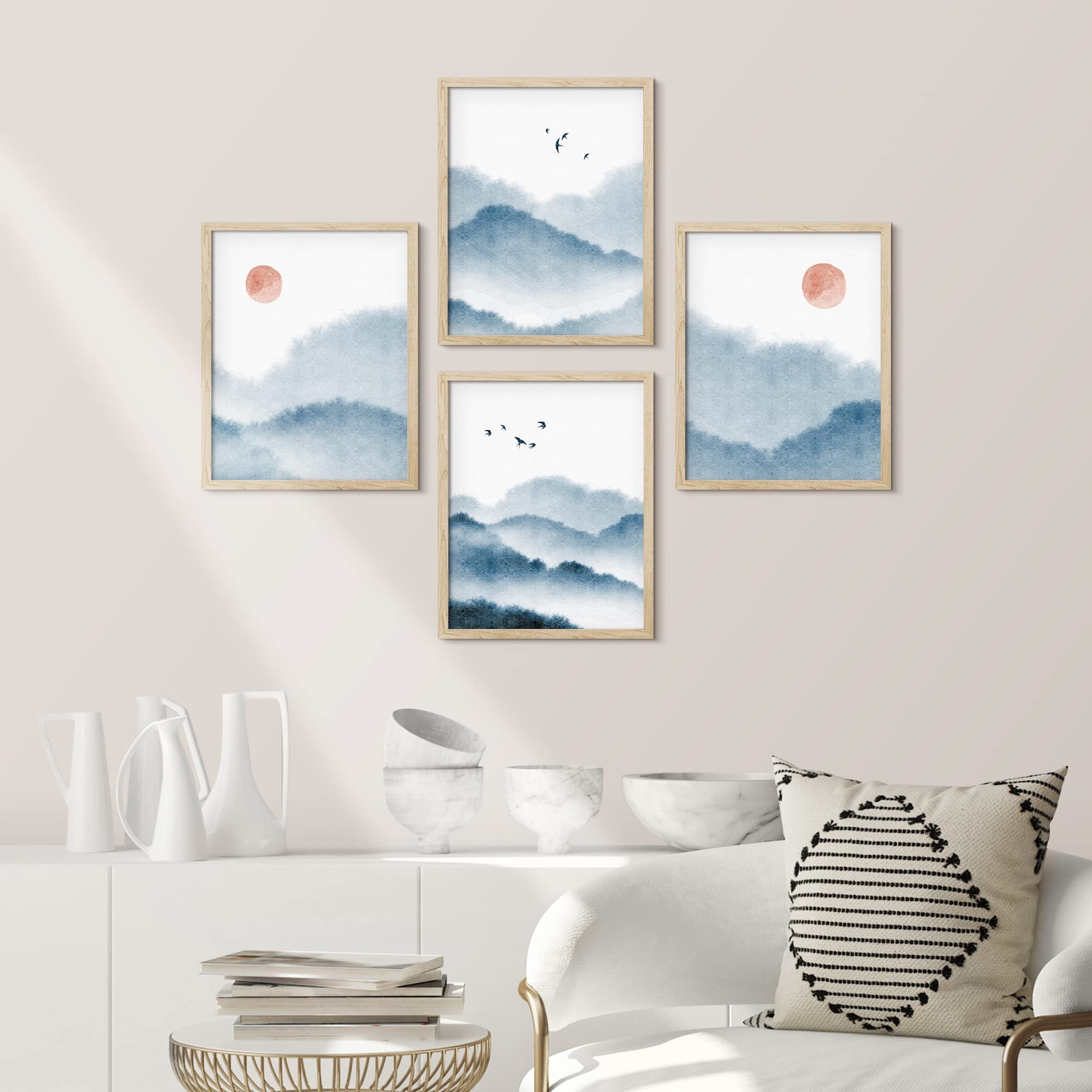 PixonSign Framed Wall Art Pastel Blue Mountain Landscapes Prints, Set ...