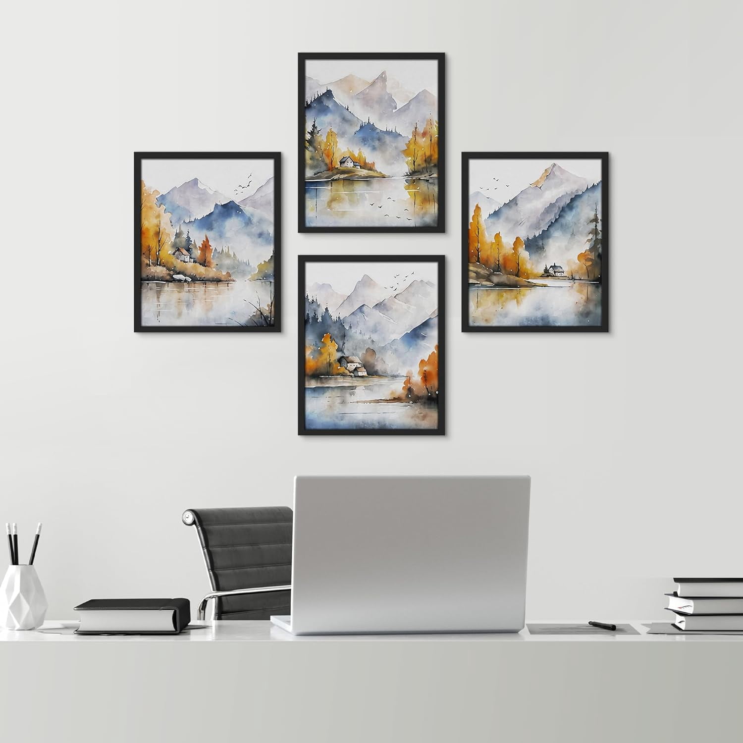 PixonSign Framed Wall Art Pastel Mountain with Golden Forest Prints ...