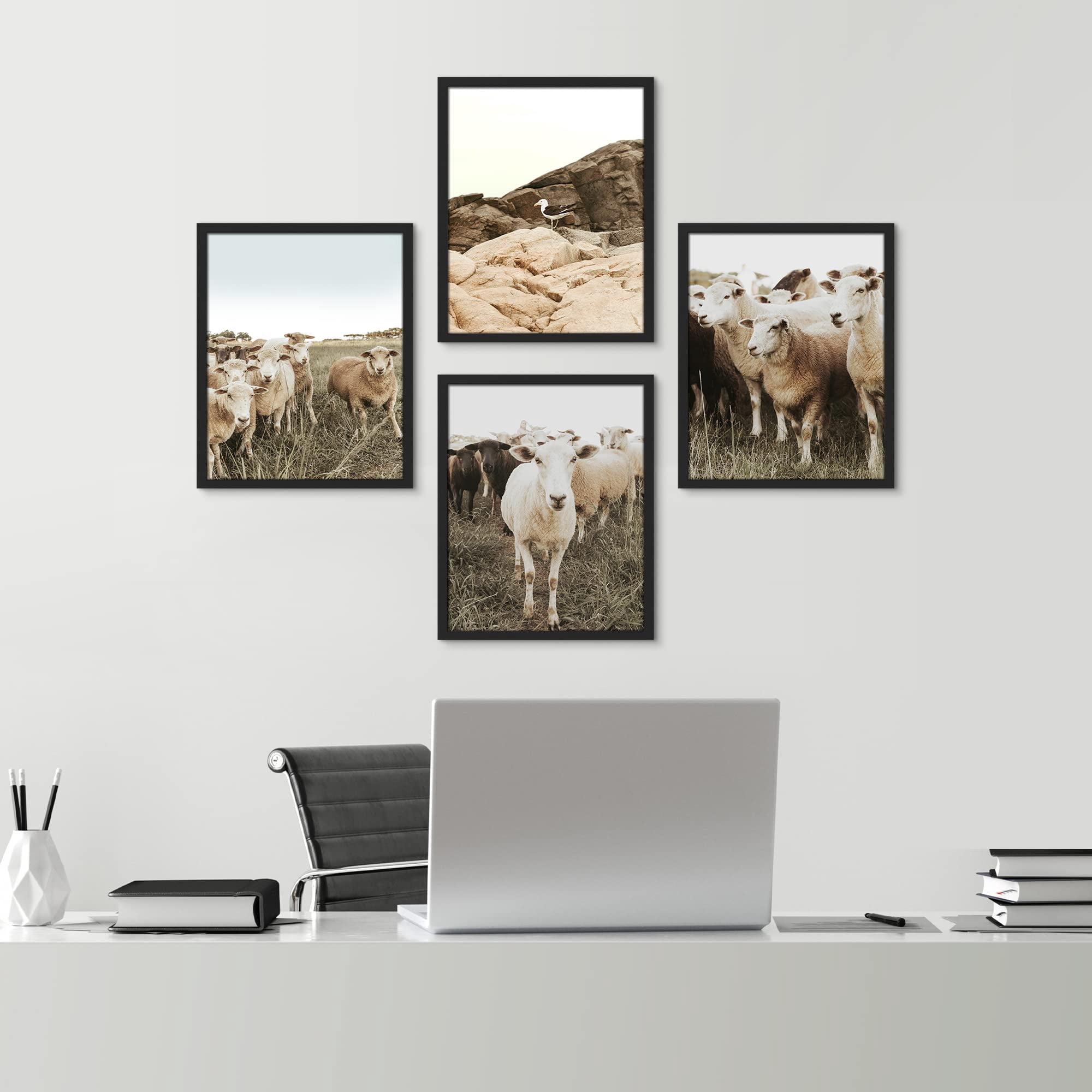 PixonSign Framed Wall Art Pastoral Sheep Lamb Prints, Set of 4 ...