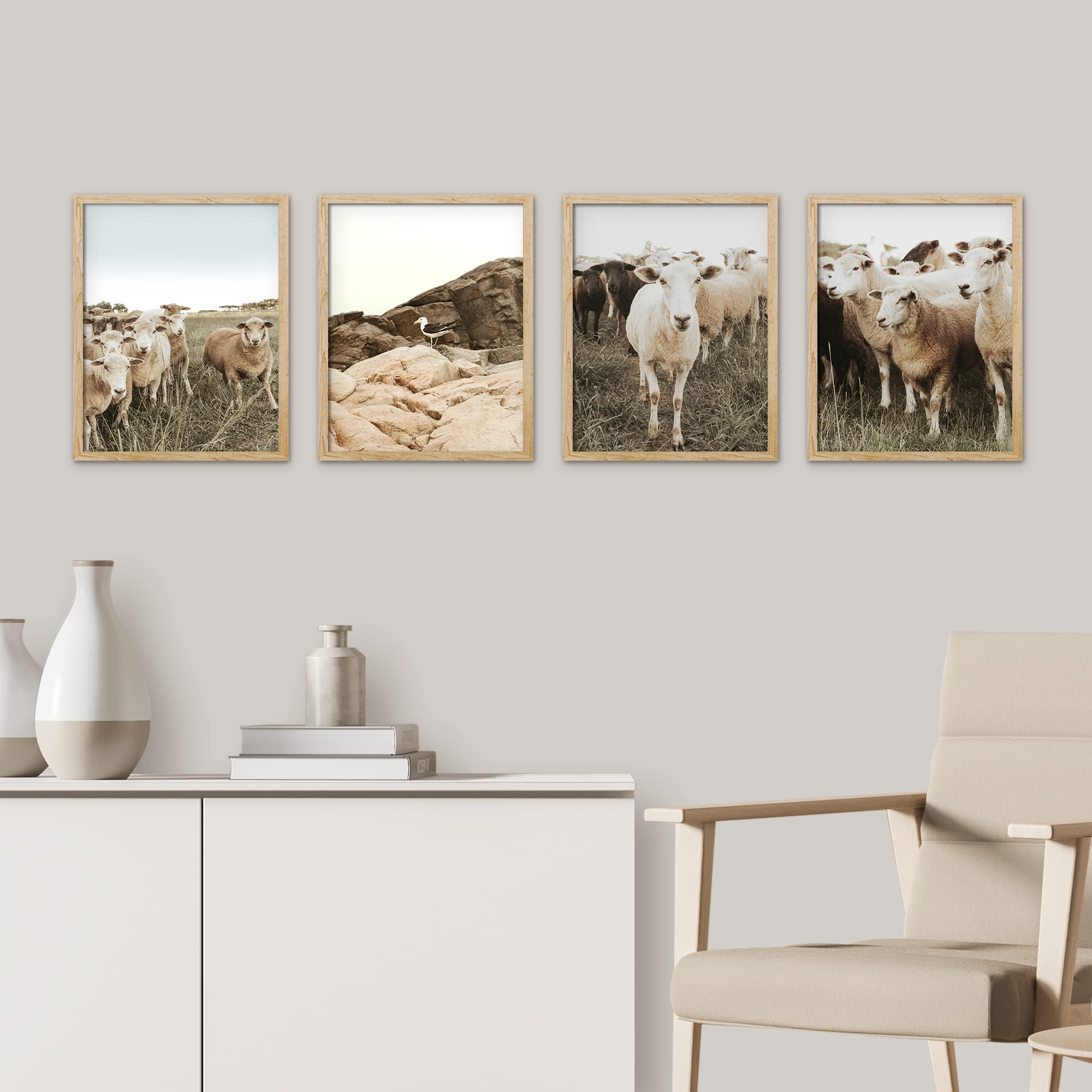 PixonSign Framed Wall Art Pastoral Sheep Lamb Prints, Set of 4 ...