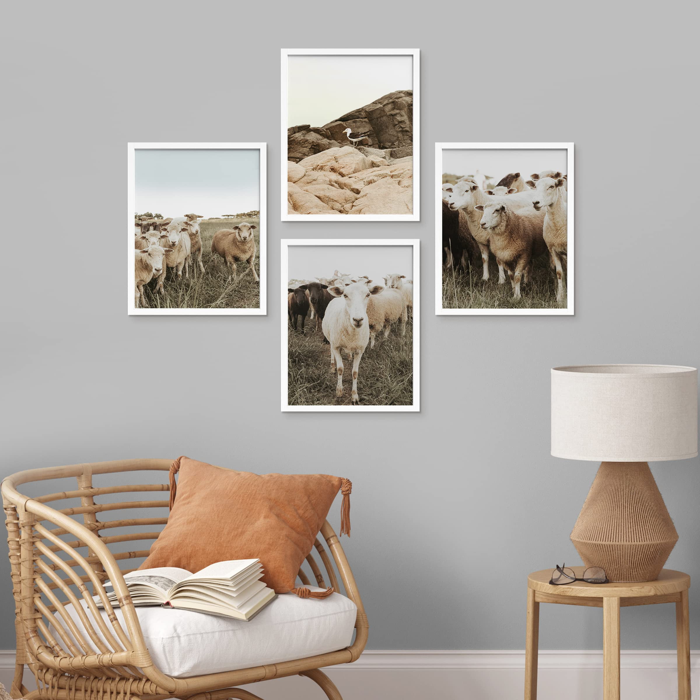 PixonSign Framed Wall Art Pastoral Sheep Lamb Prints, Set of 4 ...