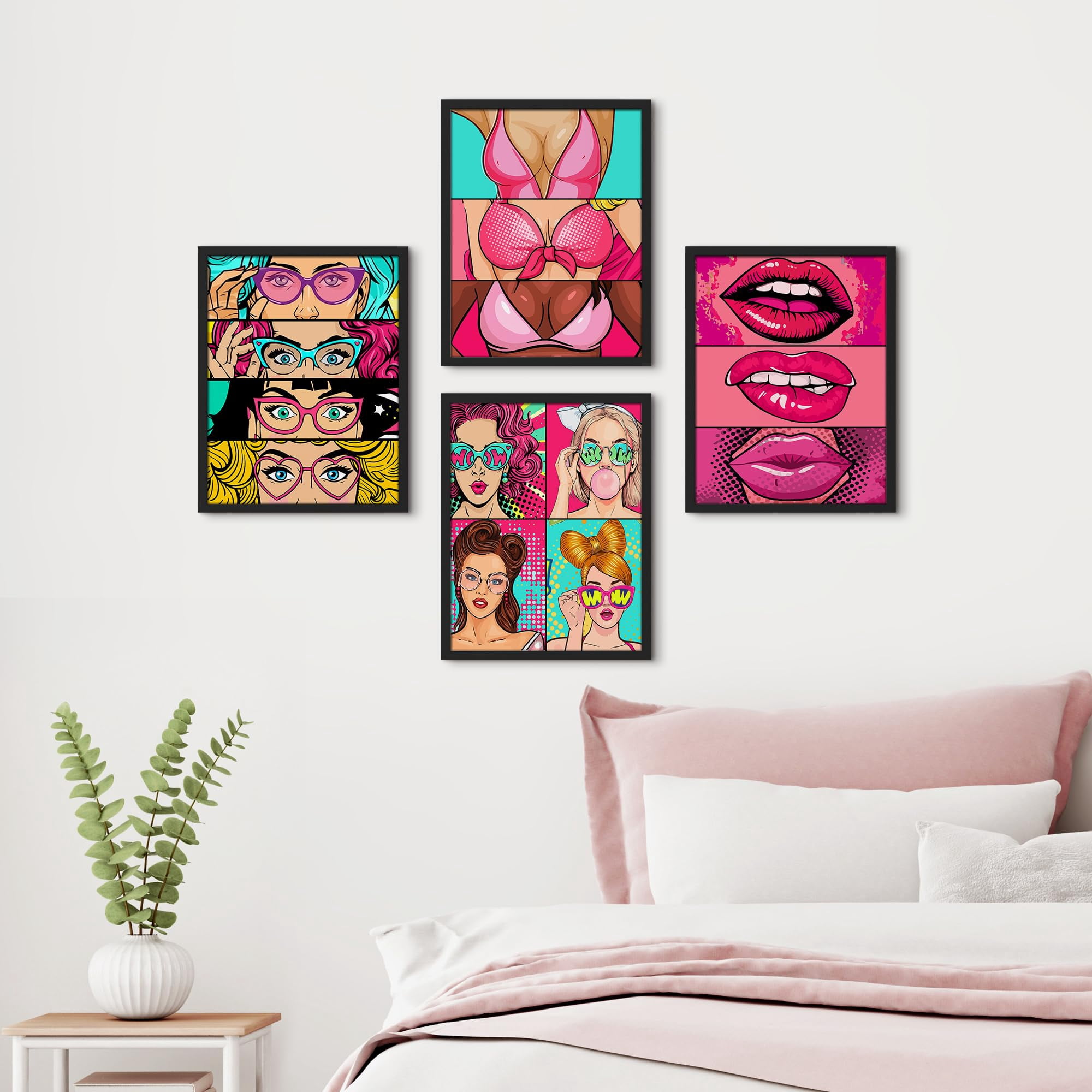 PixonSign Framed Wall Art Pink Lipstick Cartoon Fashion Posters, Set of ...