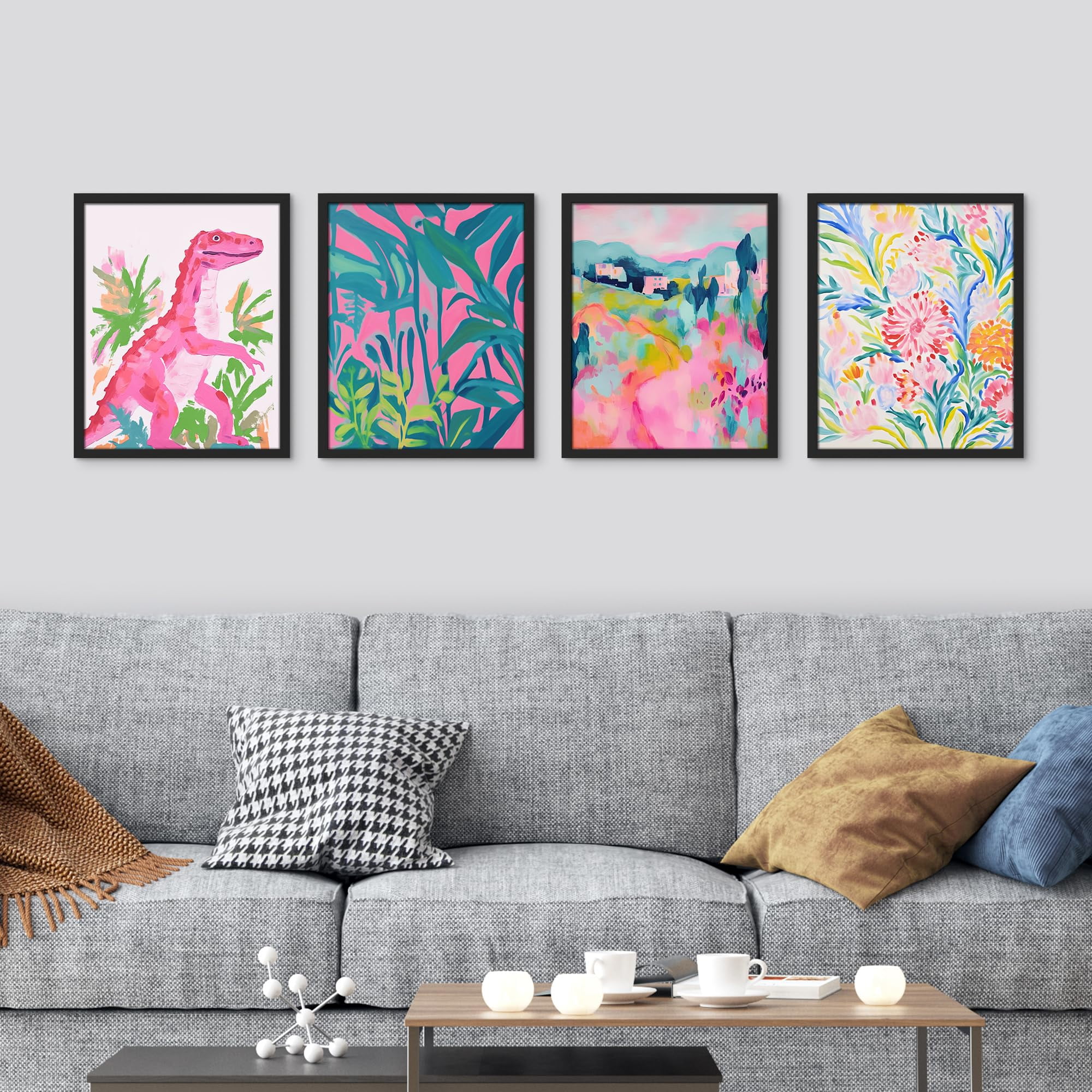 PixonSign Framed Wall Art Playful Dinosaur and Abstract Nature ...