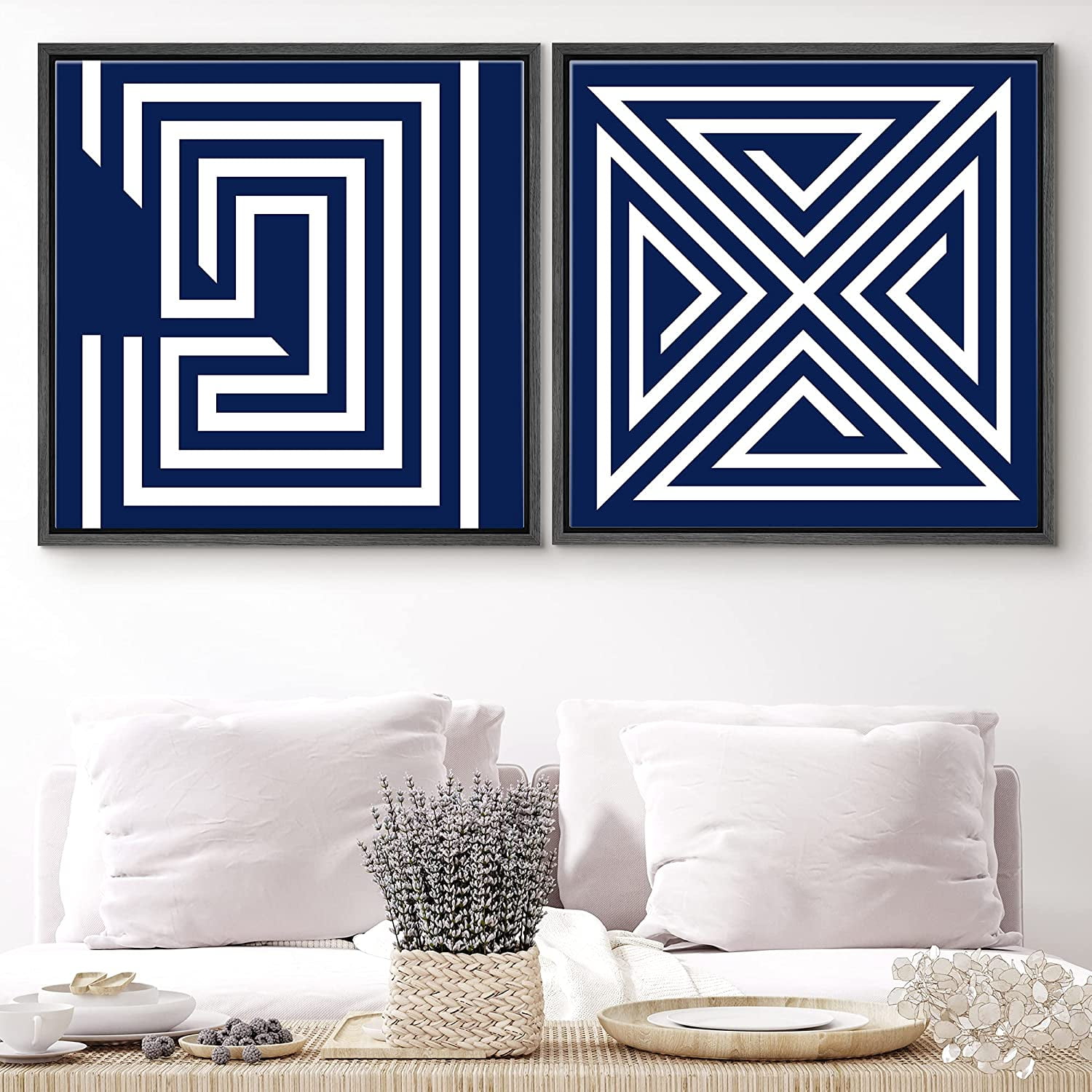 PixonSign Framed Wall Art Print Set Geometric Blue and Orange Maze ...
