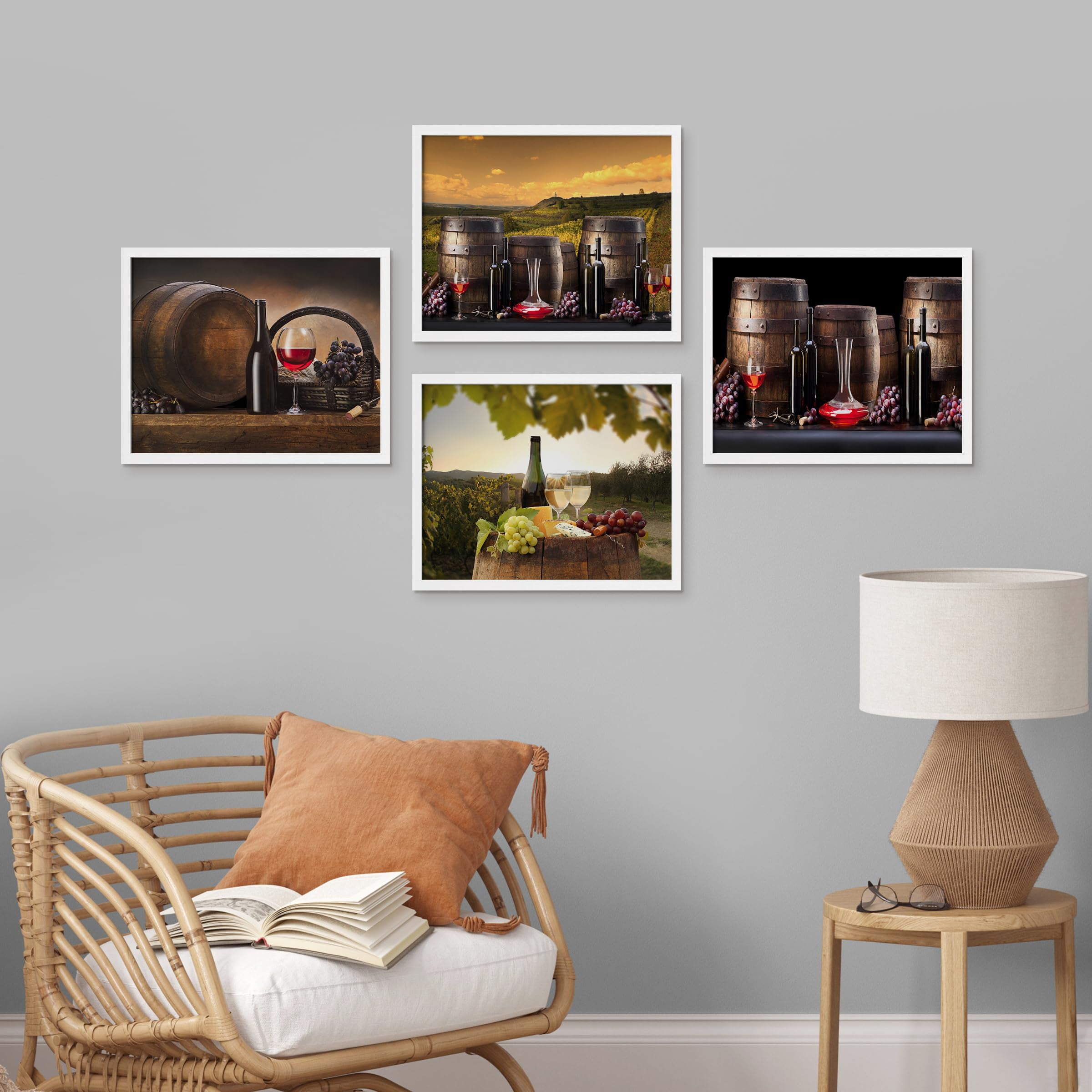 PixonSign Framed Wall Art Red Wine with Flasks, Red Grapes & Barrels ...