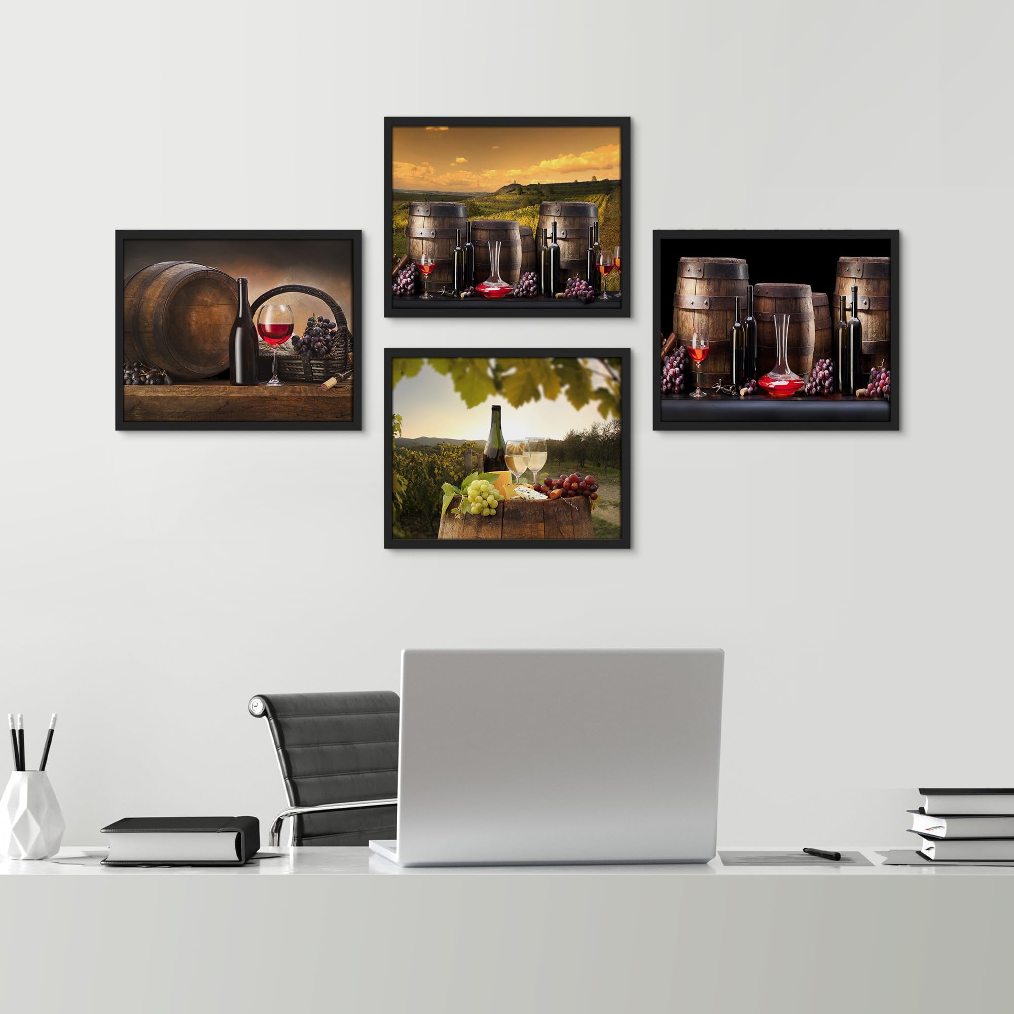 PixonSign Framed Wall Art Red Wine with Flasks, Red Grapes & Barrels ...