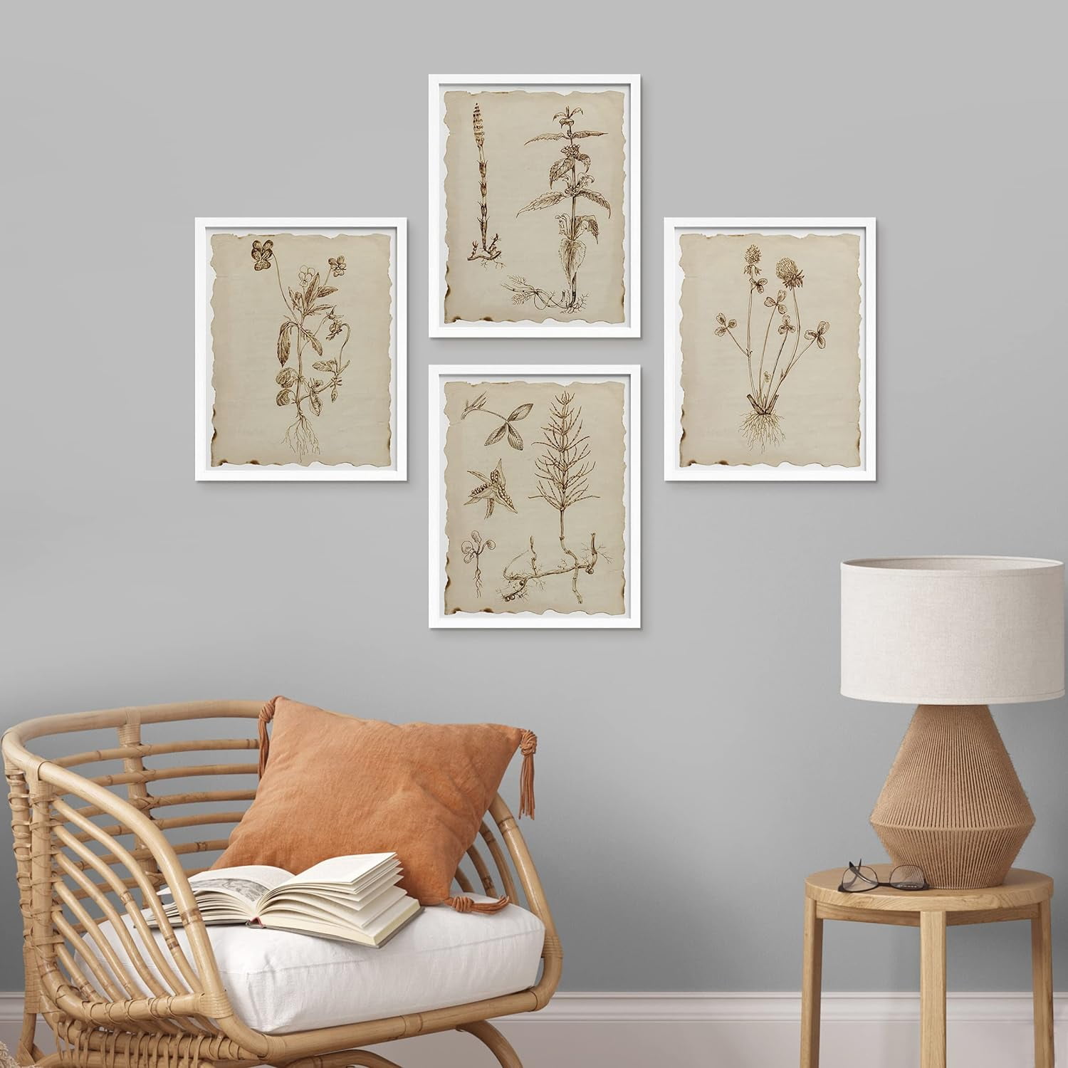 PixonSign Framed Wall Art Sepia Vintage Classic Flower Art, Set of 4 ...