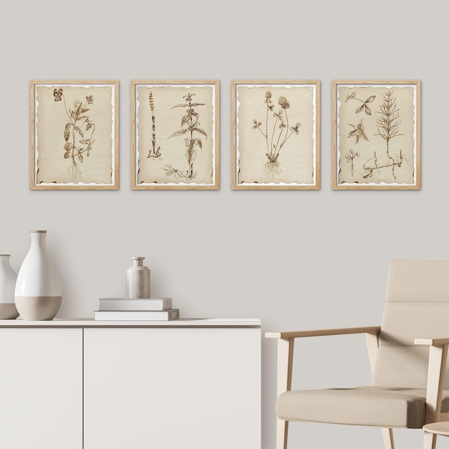 PixonSign Framed Wall Art Sepia Vintage Classic Flower Art, Set of 4 ...