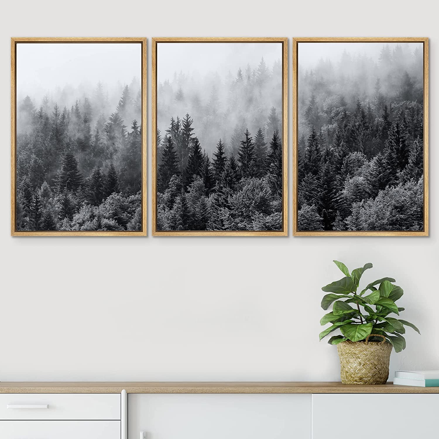 PixonSign Framed Wall Art Set Black & White Misty Mountain Forest ...