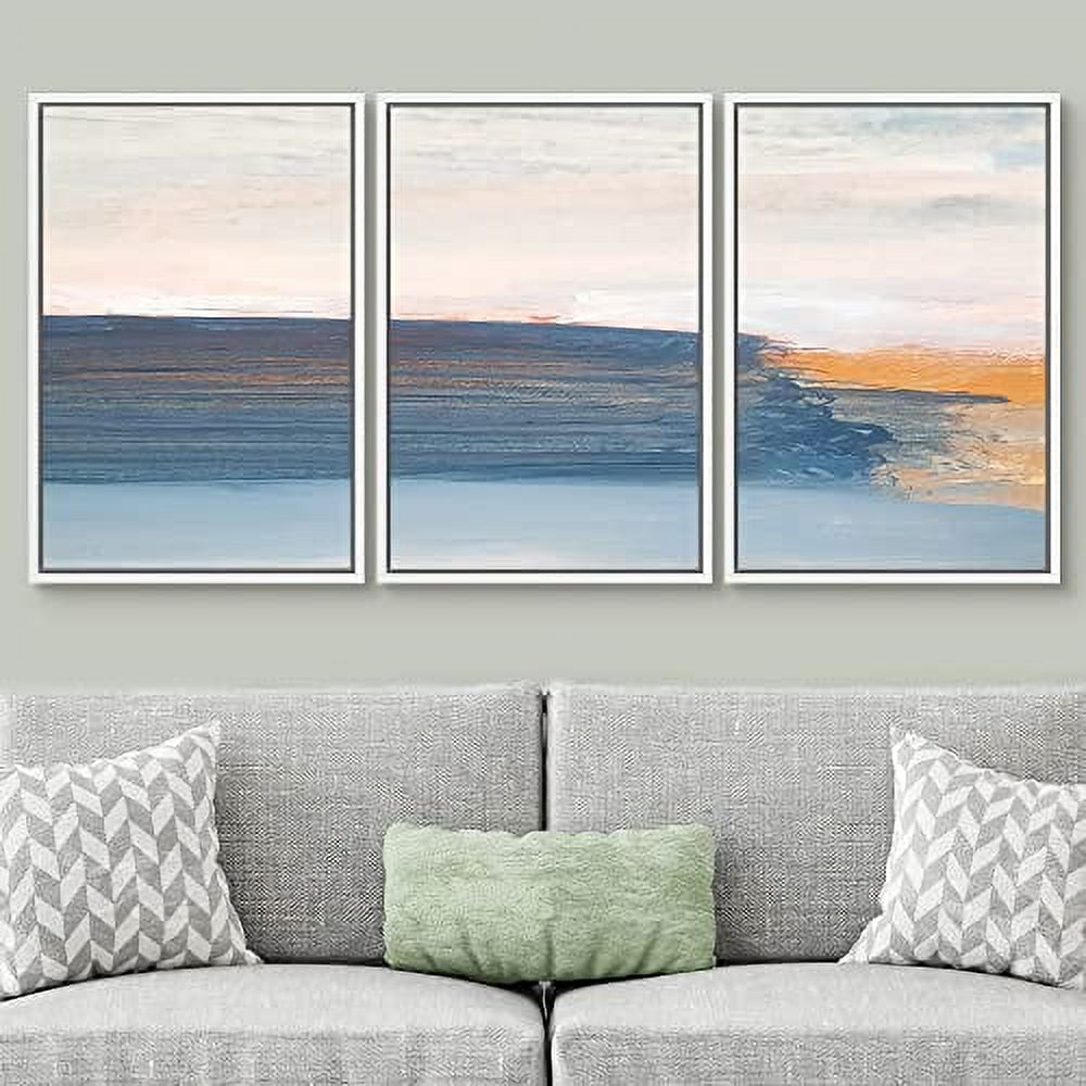 PixonSign Framed Wall Art Set Blue & Orange Paint Stroke Sea Landscape ...
