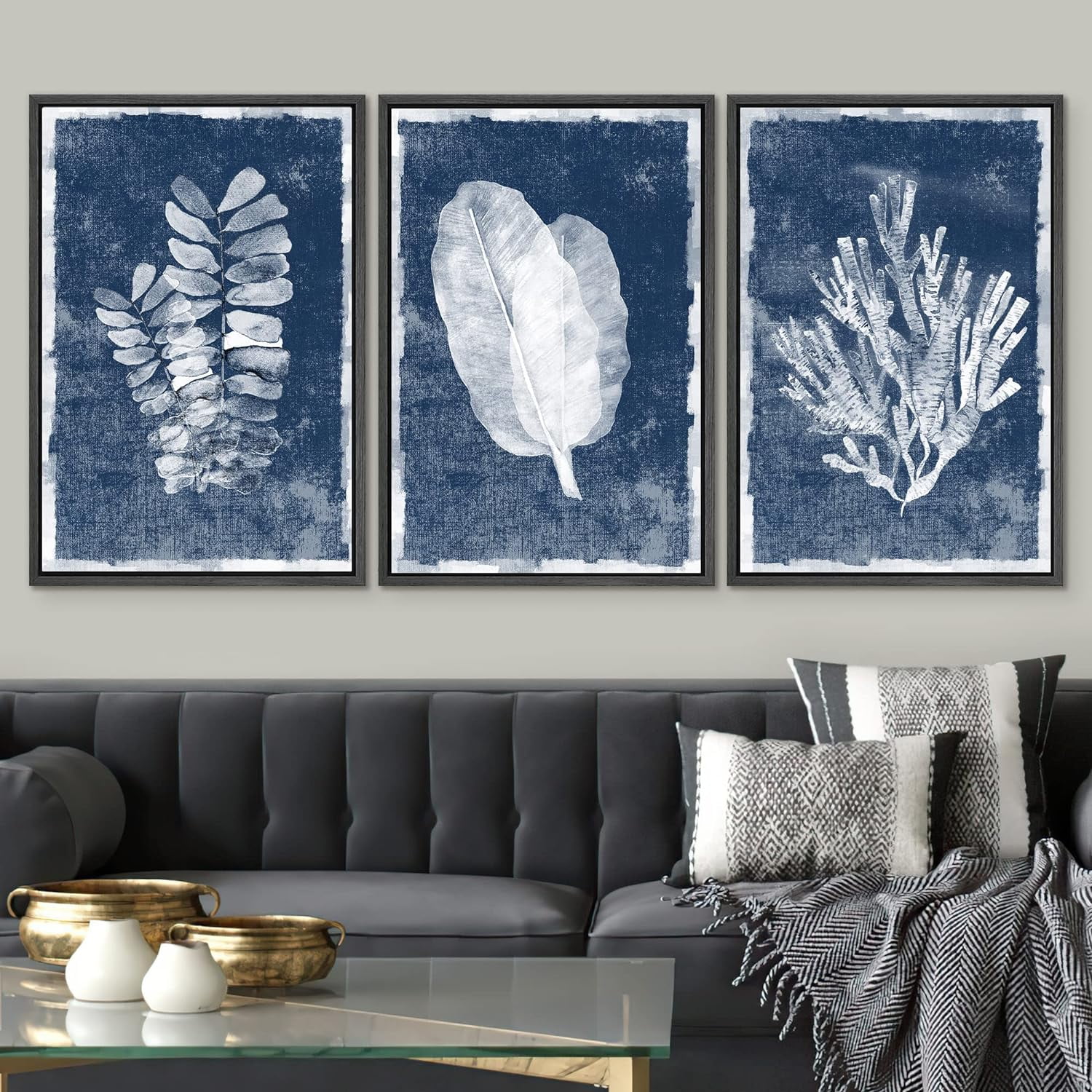 PixonSign Framed Wall Art Set Blue White Forest, Jungle, Ocean Plants ...