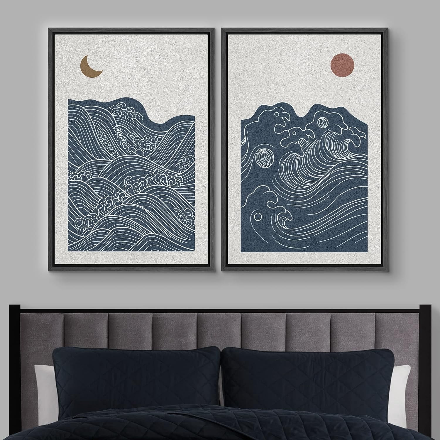 PixonSign Framed Wall Art Set Crescent Moon Sun Ocean Waves Abstract ...