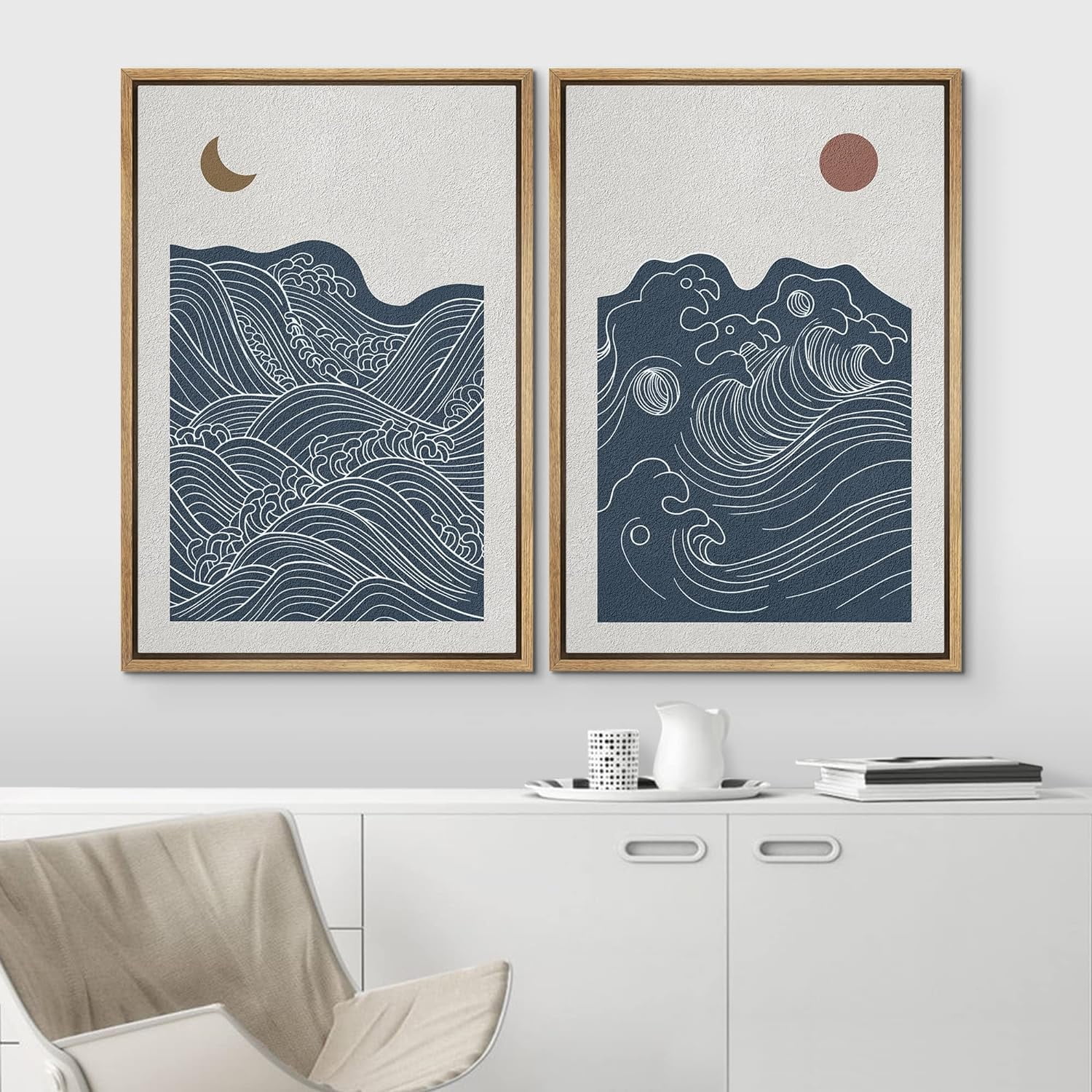 PixonSign Framed Wall Art Set Crescent Moon Sun Ocean Waves Abstract ...