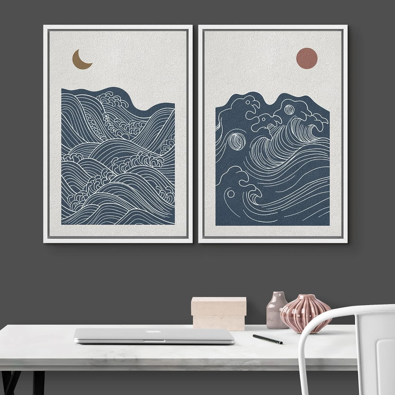 PixonSign Framed Wall Art Set Crescent Moon Sun Ocean Waves Abstract ...
