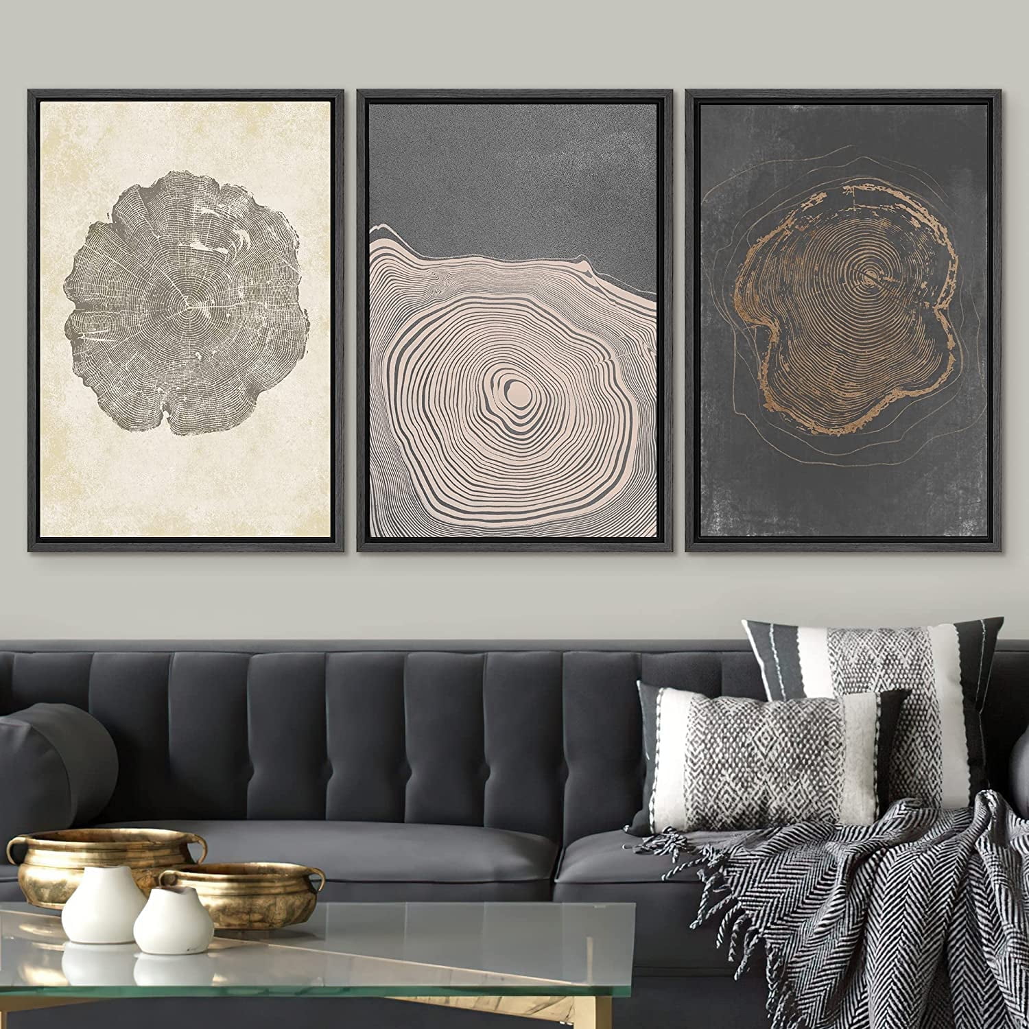 PixonSign Framed Wall Art Set Gray Wood Tree Ring Spirals Digital Art ...