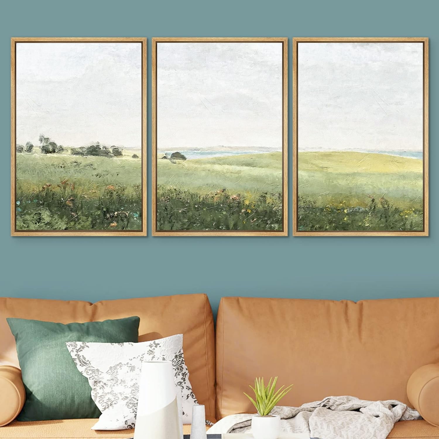 PixonSign Framed Wall Art Set Green Pasture Countryside Flower Field ...