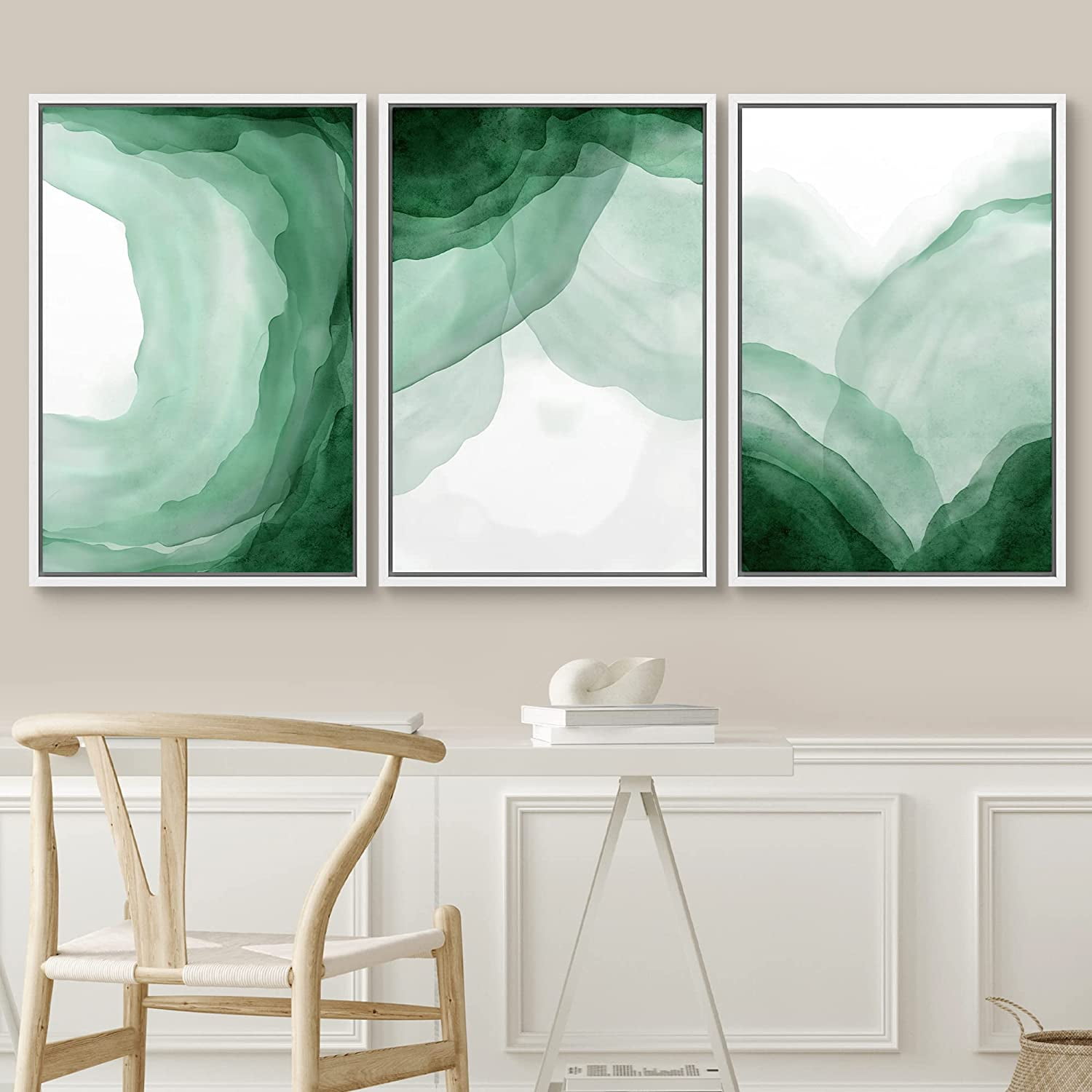 PixonSign Framed Wall Art Set Green Watercolor Paint Stroke Swirl ...