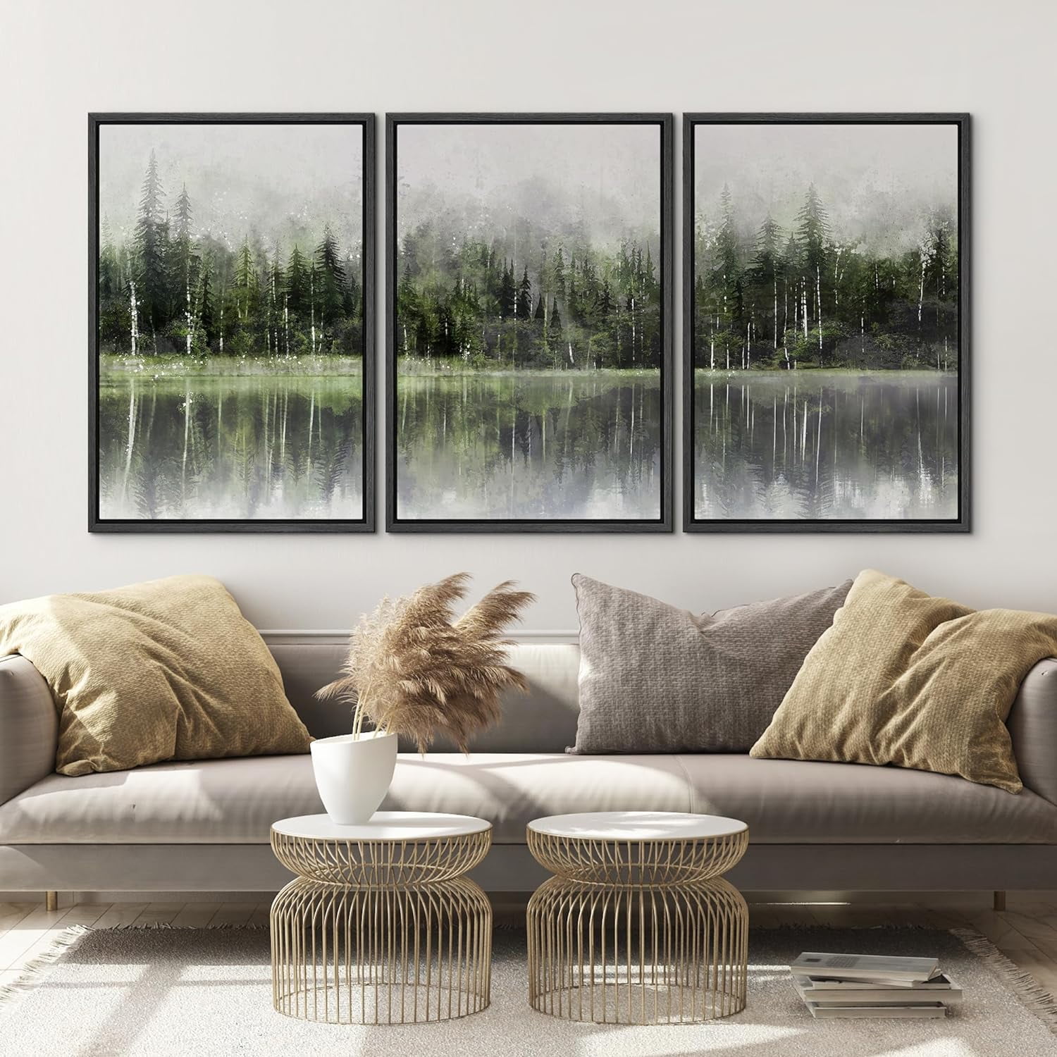 PixonSign Framed Wall Art Set Misty Emerald Green Mountain Range Forest ...