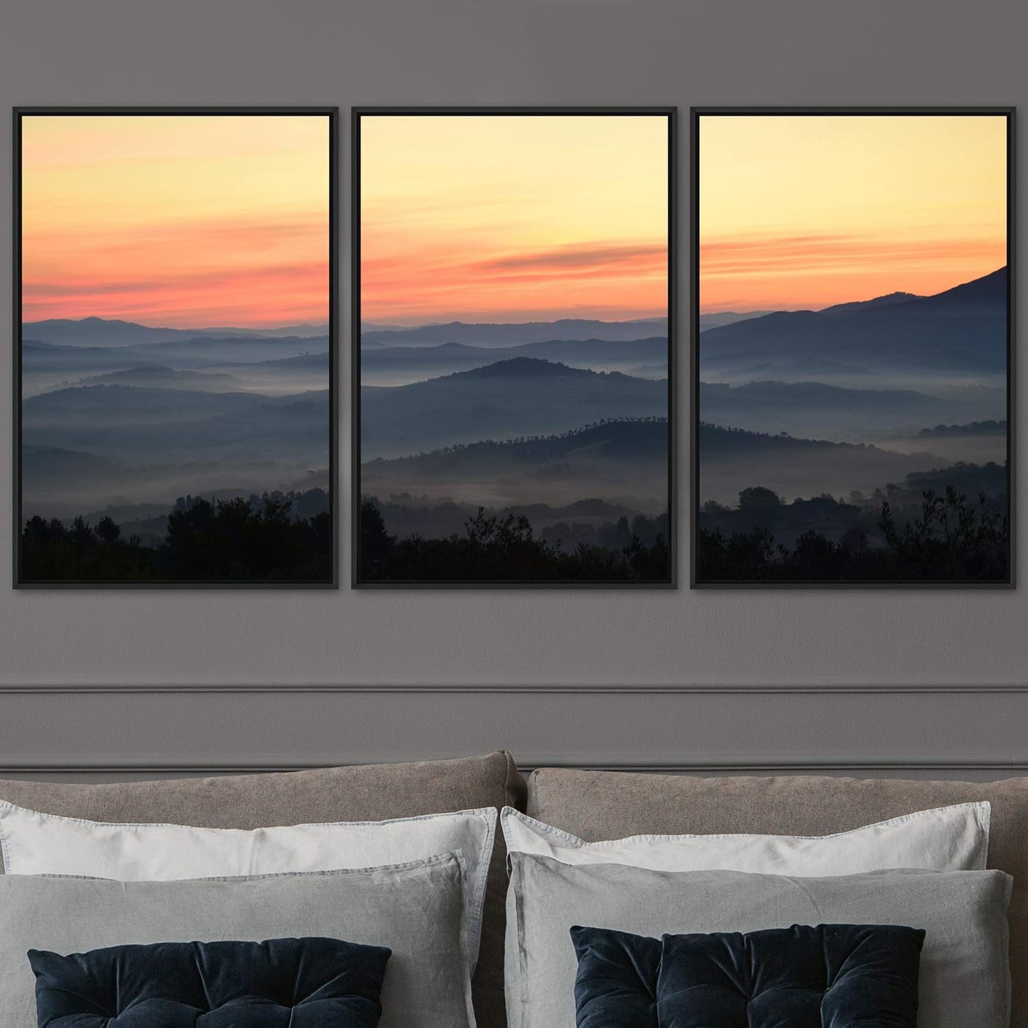 PixonSign Framed Wall Art Set Orange Sunset & Mountain Range Nature ...
