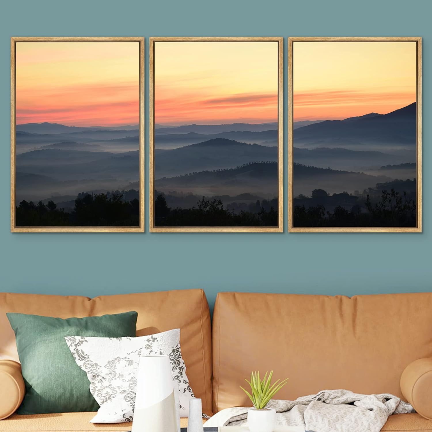 PixonSign Framed Wall Art Set Orange Sunset & Mountain Range Nature ...