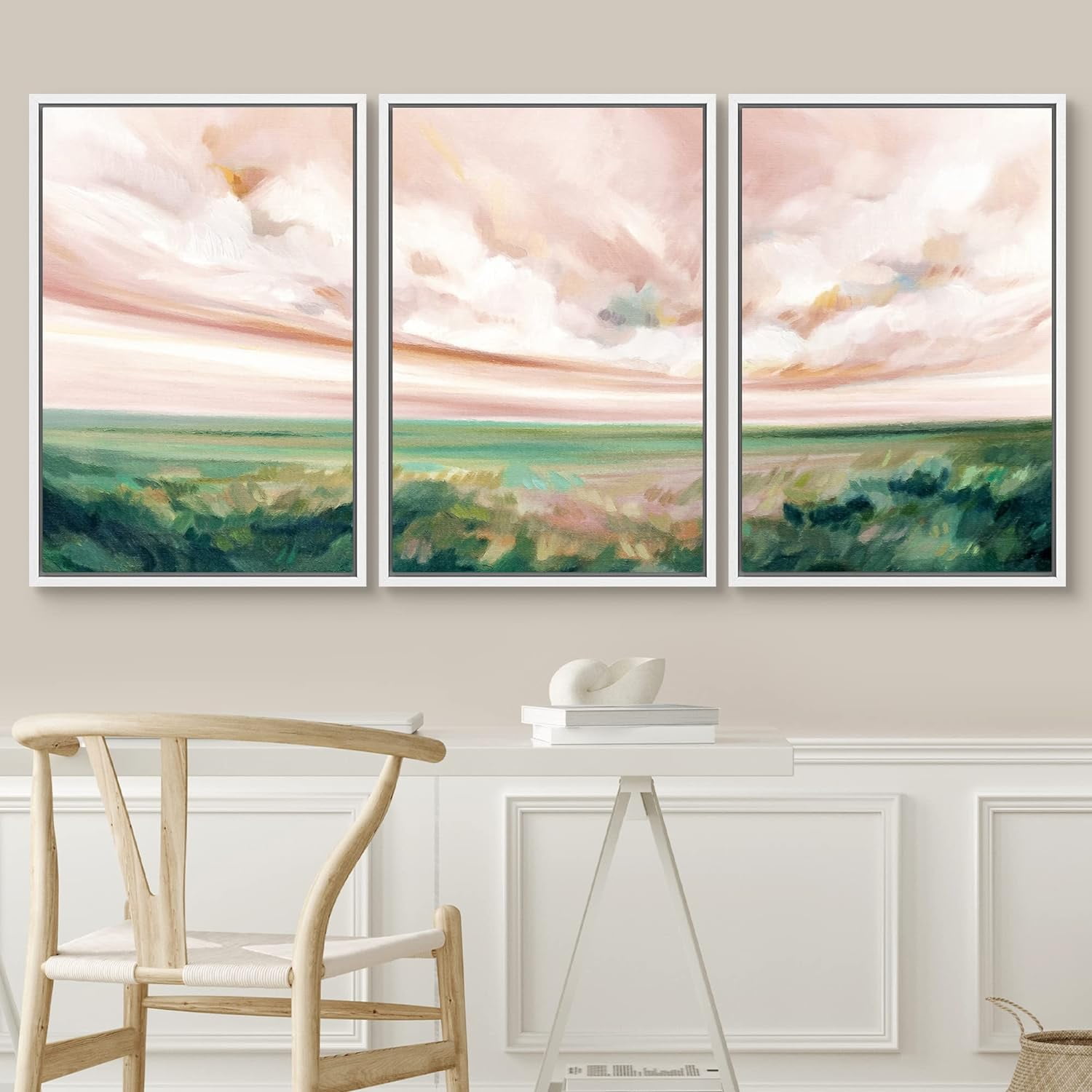 PixonSign Framed Wall Art Set Pastel Watercolor Pink Cloud Sky Green ...
