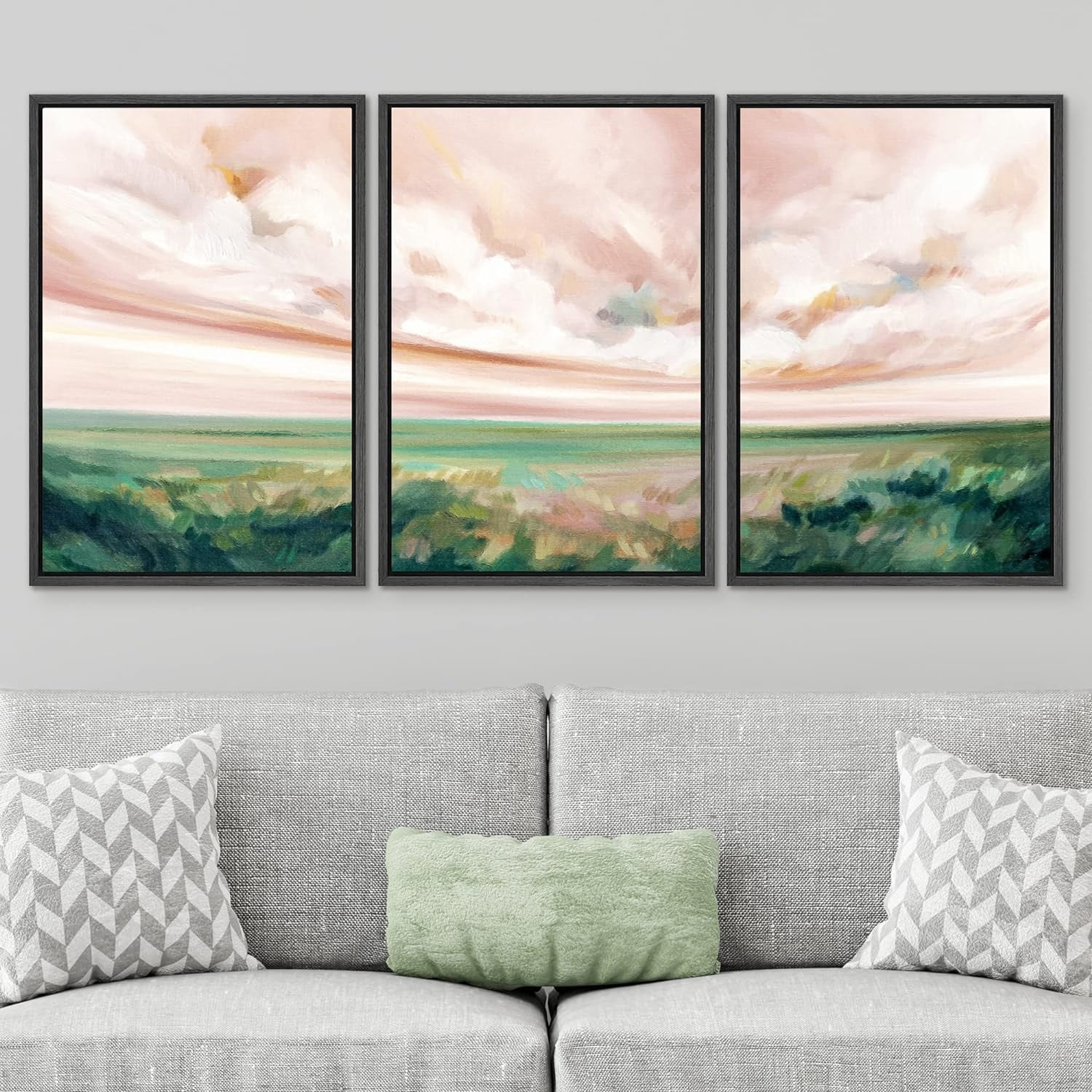 PixonSign Framed Wall Art Set Pastel Watercolor Pink Cloud Sky Green ...