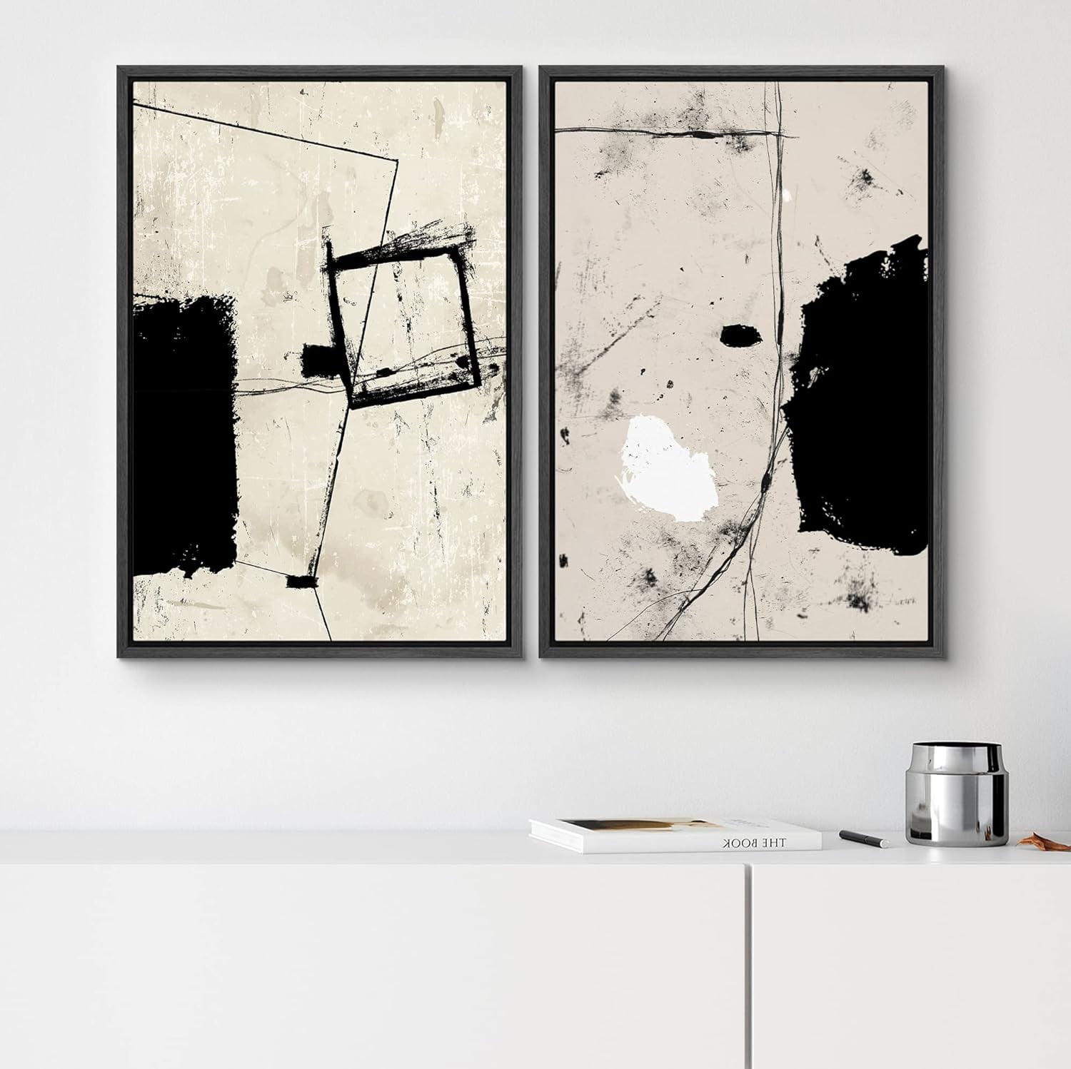PixonSign Framed Wall Art Set Tan & Black Grunge Mid-Century Shapes ...