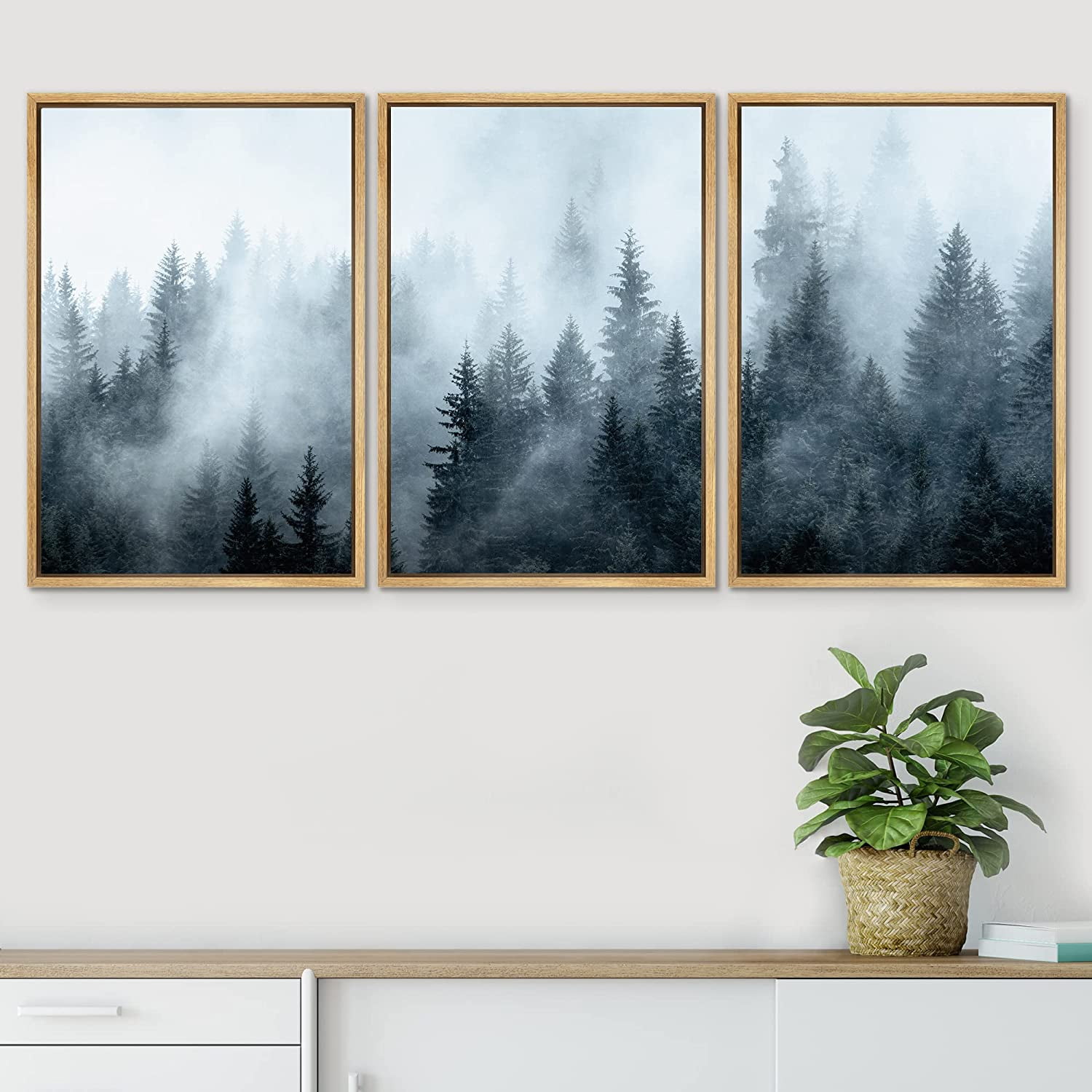 PixonSign Framed Wall Art Set Winter Fog Mist Pine Tree Mountain Forest ...