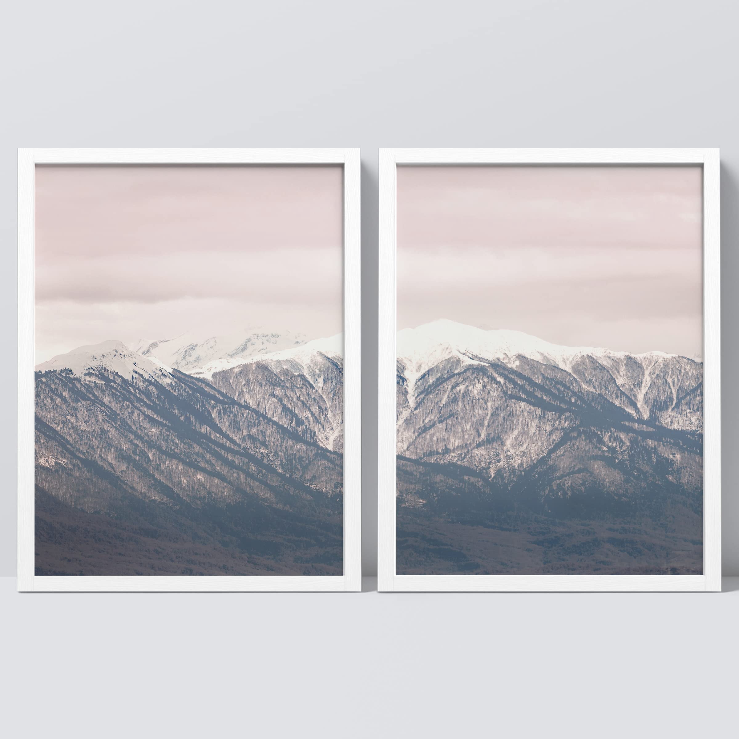 PixonSign Framed Wall Art Snowy Mountain Range Posters, Set of 2 Washed ...