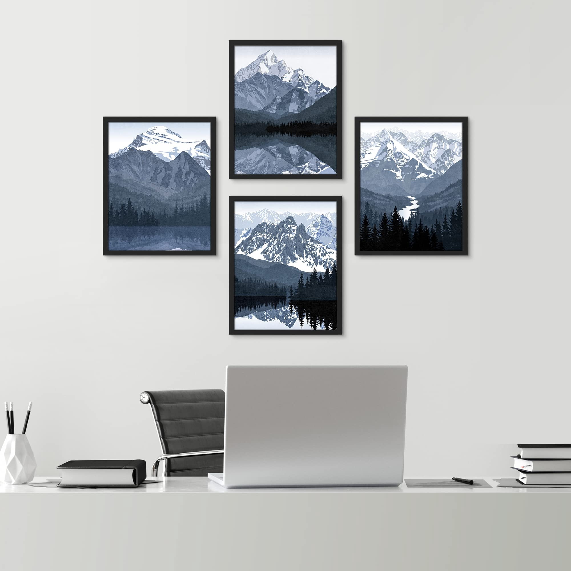 PixonSign Framed Wall Art Snowy Winter Frozen Mountain Prints, Set of 4 ...