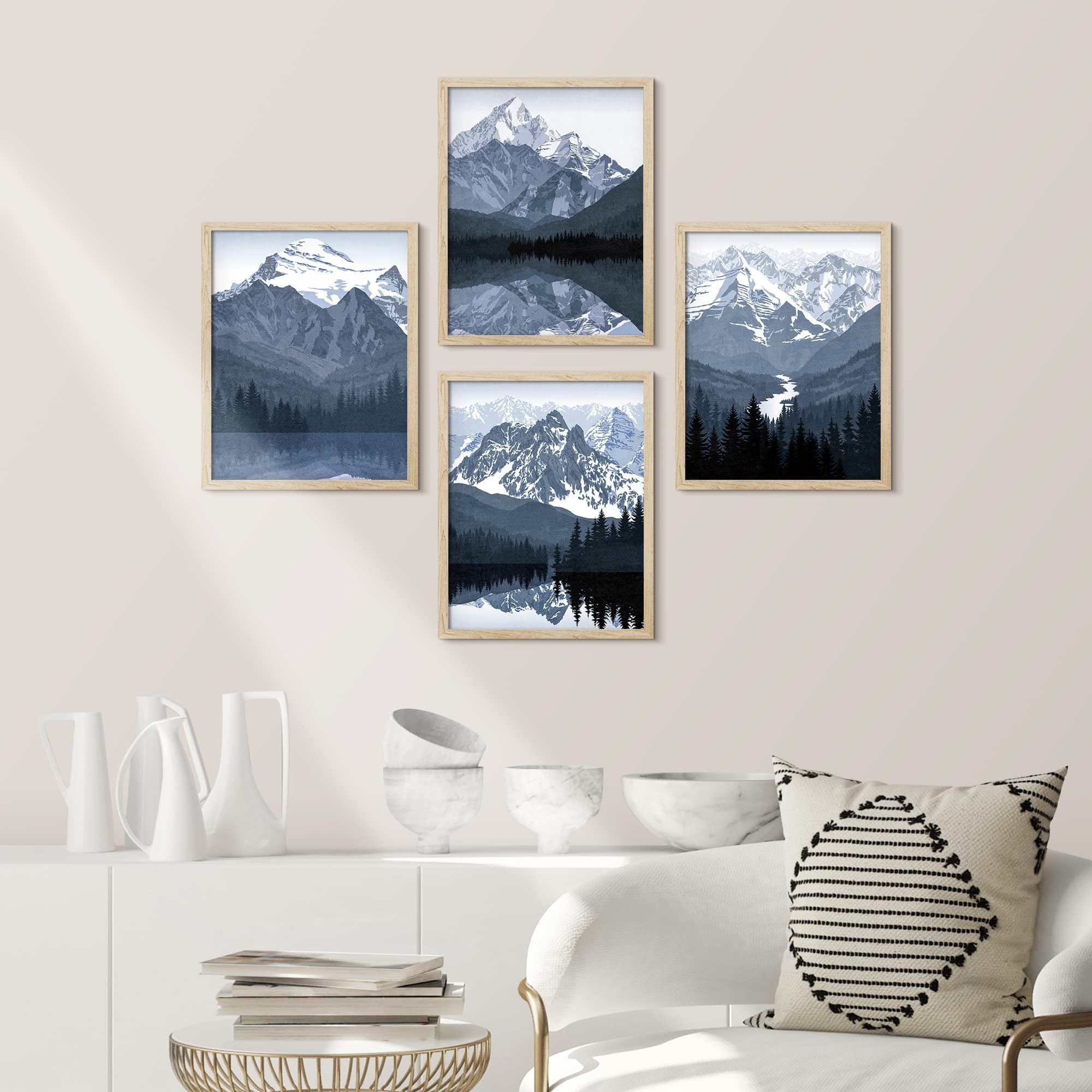 PixonSign Framed Wall Art Snowy Winter Frozen Mountain Prints, Set of 4 ...