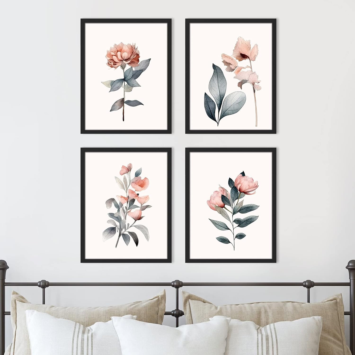 PixonSign Framed Wall Art, Teal & Pink Pastel Rose Flowers Posters, Set ...