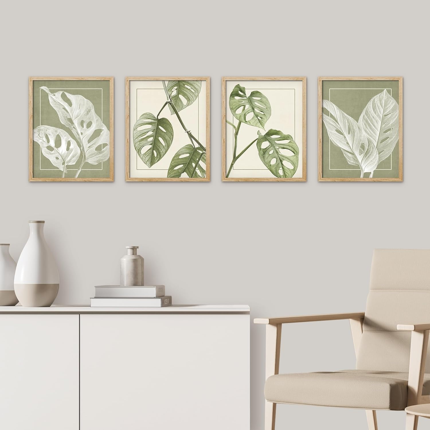 PixonSign Framed Wall Art, Tropical Monstera Sage Green Leaf Posters ...