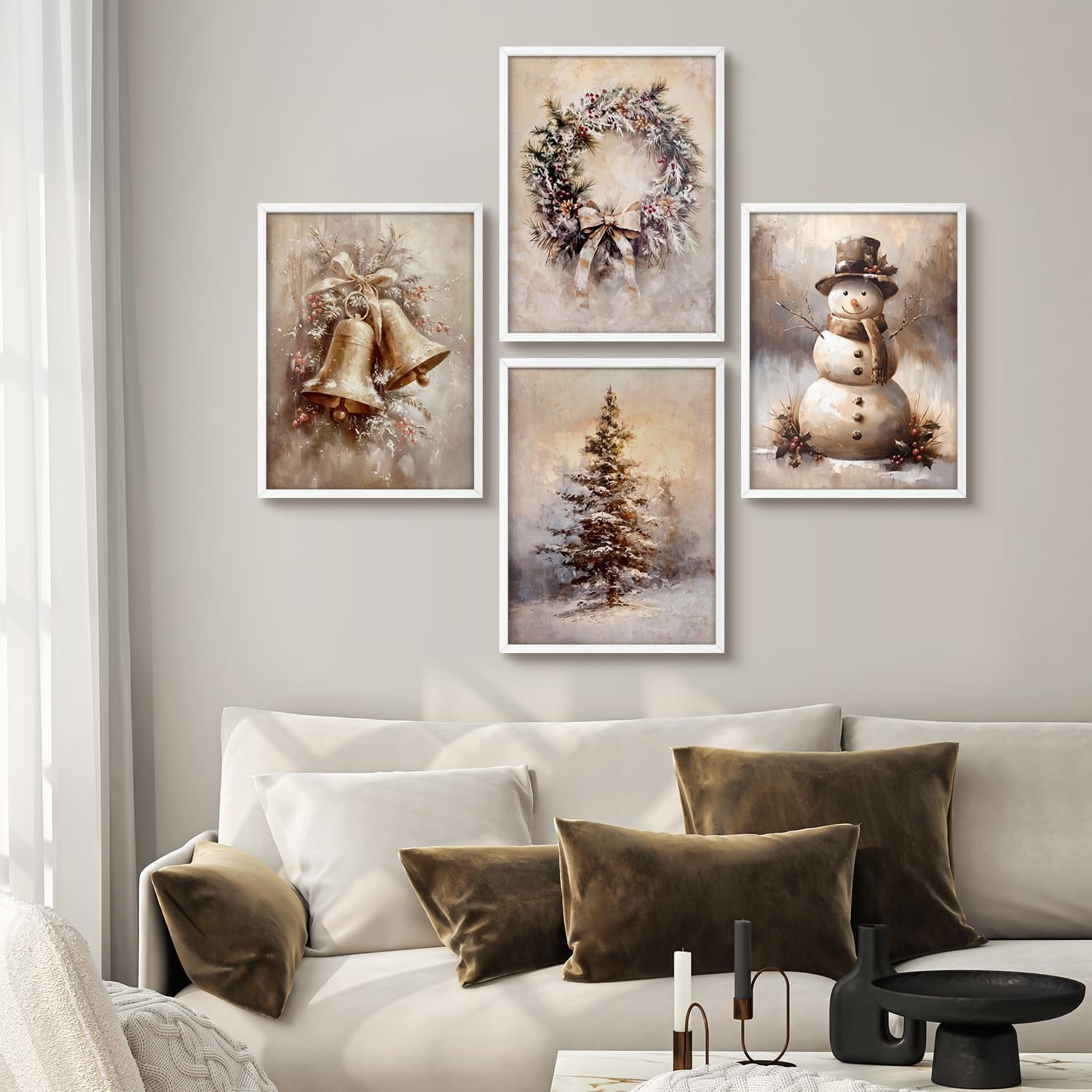 PixonSign Framed Wall Art Vintage Christmas Bells, Wreath, Snowman, and Tree Posters, Set of 4 ...