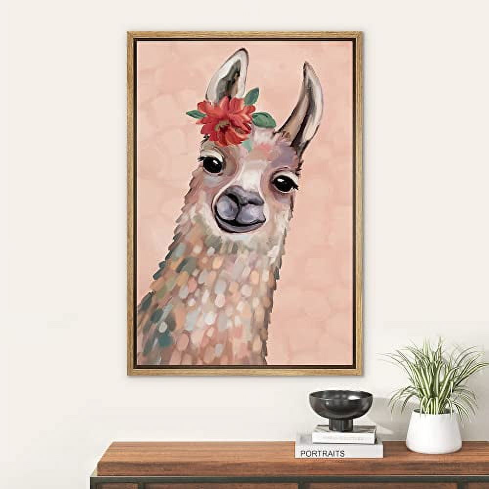 PixonSign Framed Wall Art Watercolor Cute Red Daisy Farmhouse Llama Nature Animals Portrait ...