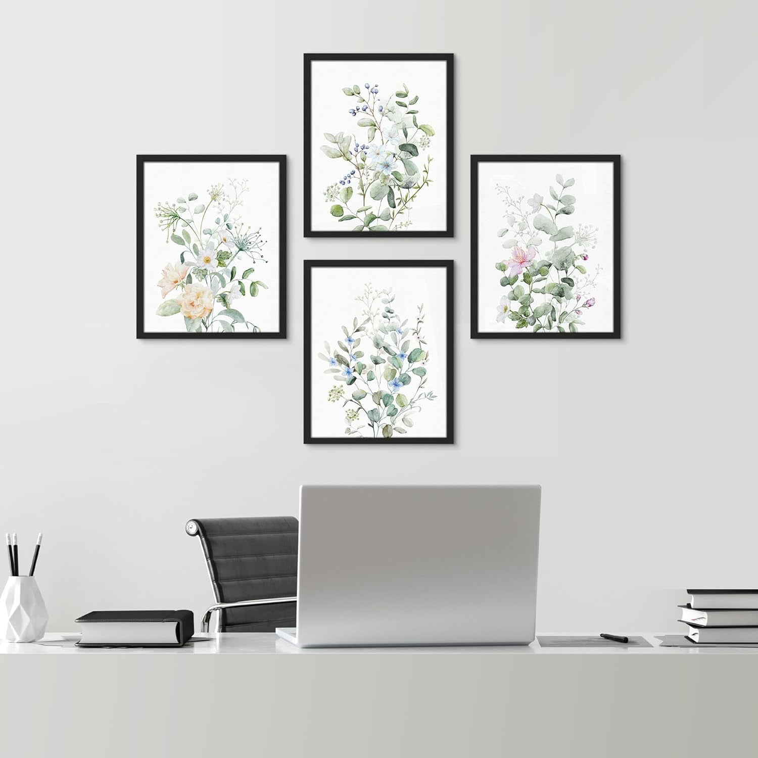 PixonSign Framed Wall Art Watercolor Greenery and White Flower Posters ...