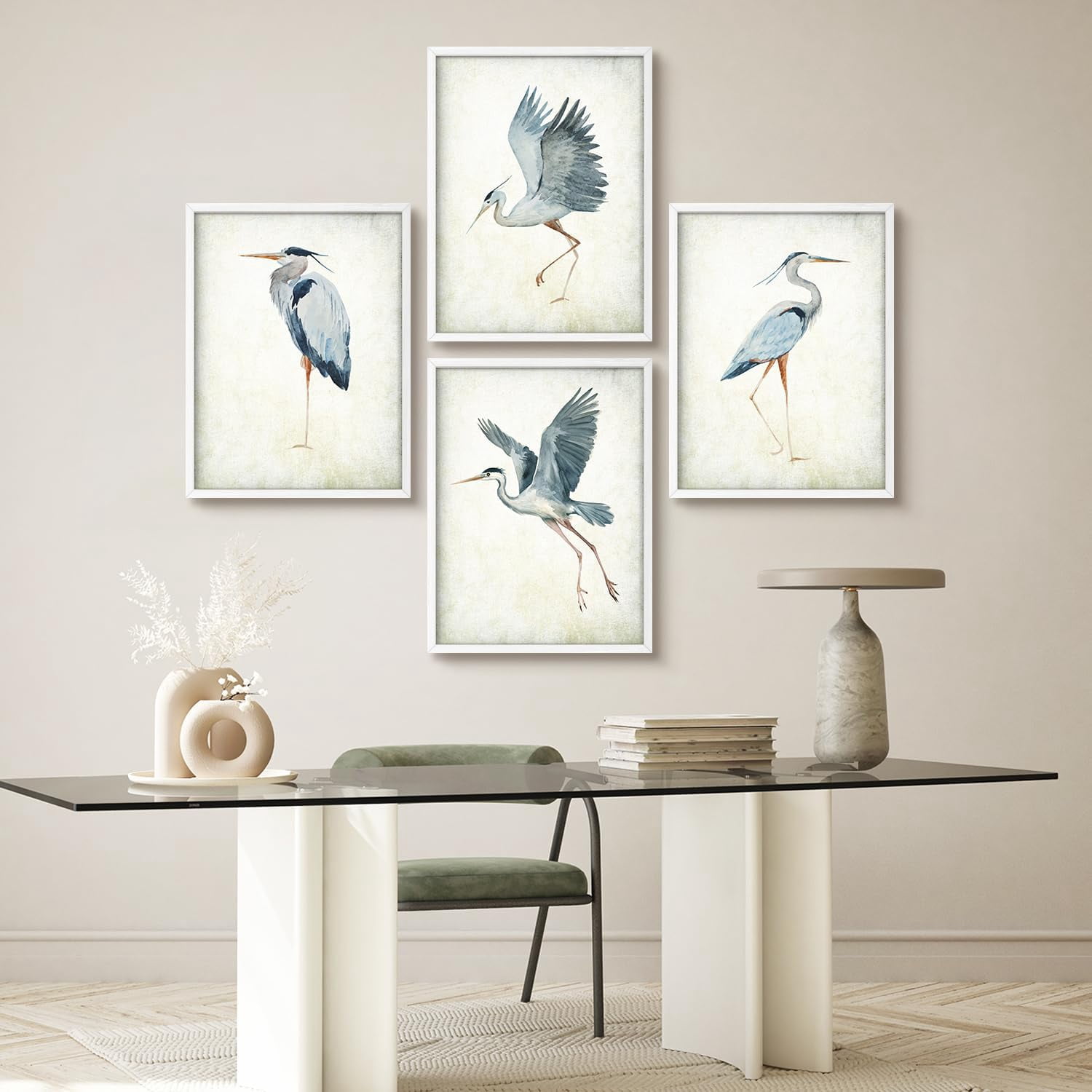 PixonSign Framed Wall Art Watercolor Heron Bird Collection Posters, Set ...