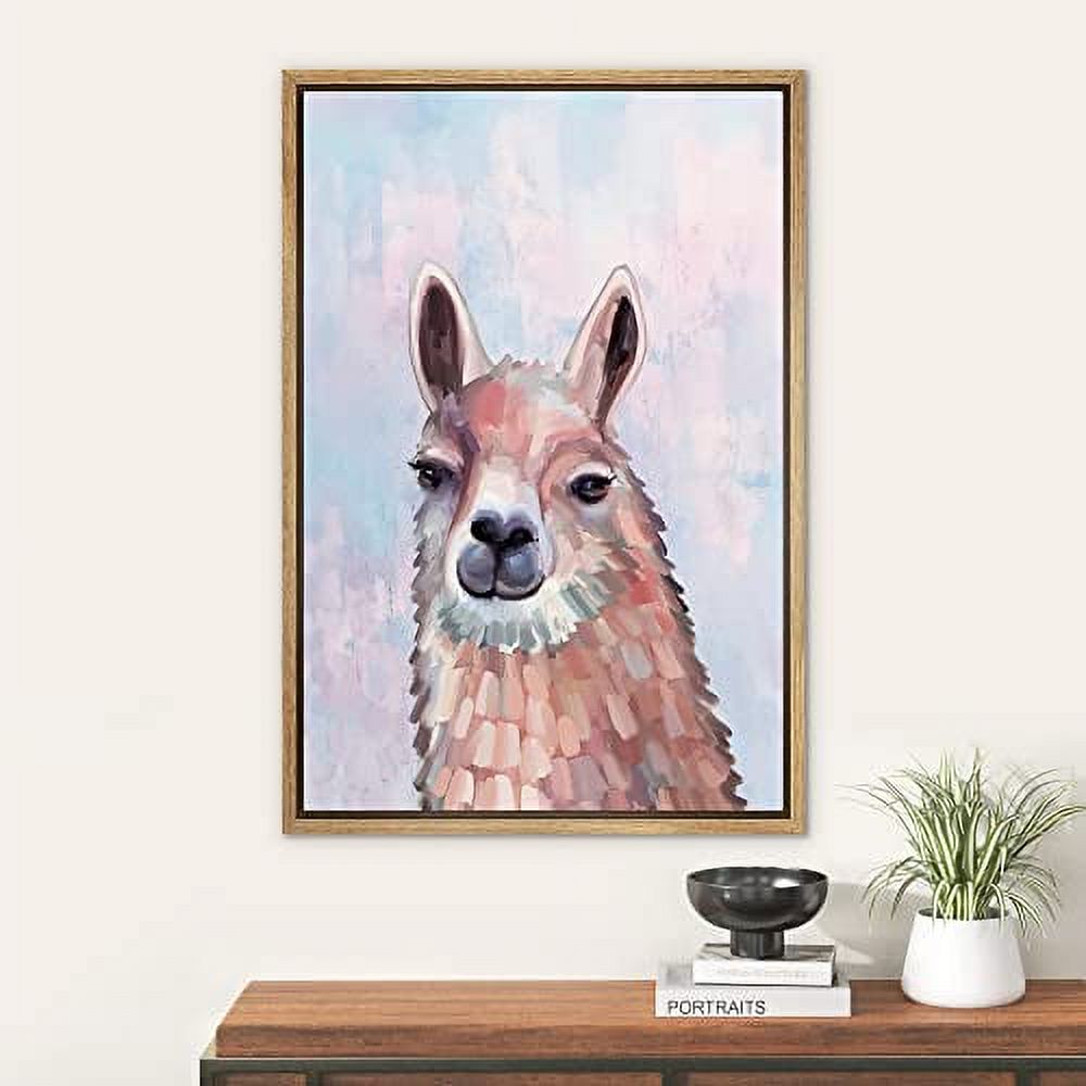 PixonSign Framed Wall Art Watercolor Pink Blue Sky Close Up Llama Nature Animals Portrait ...