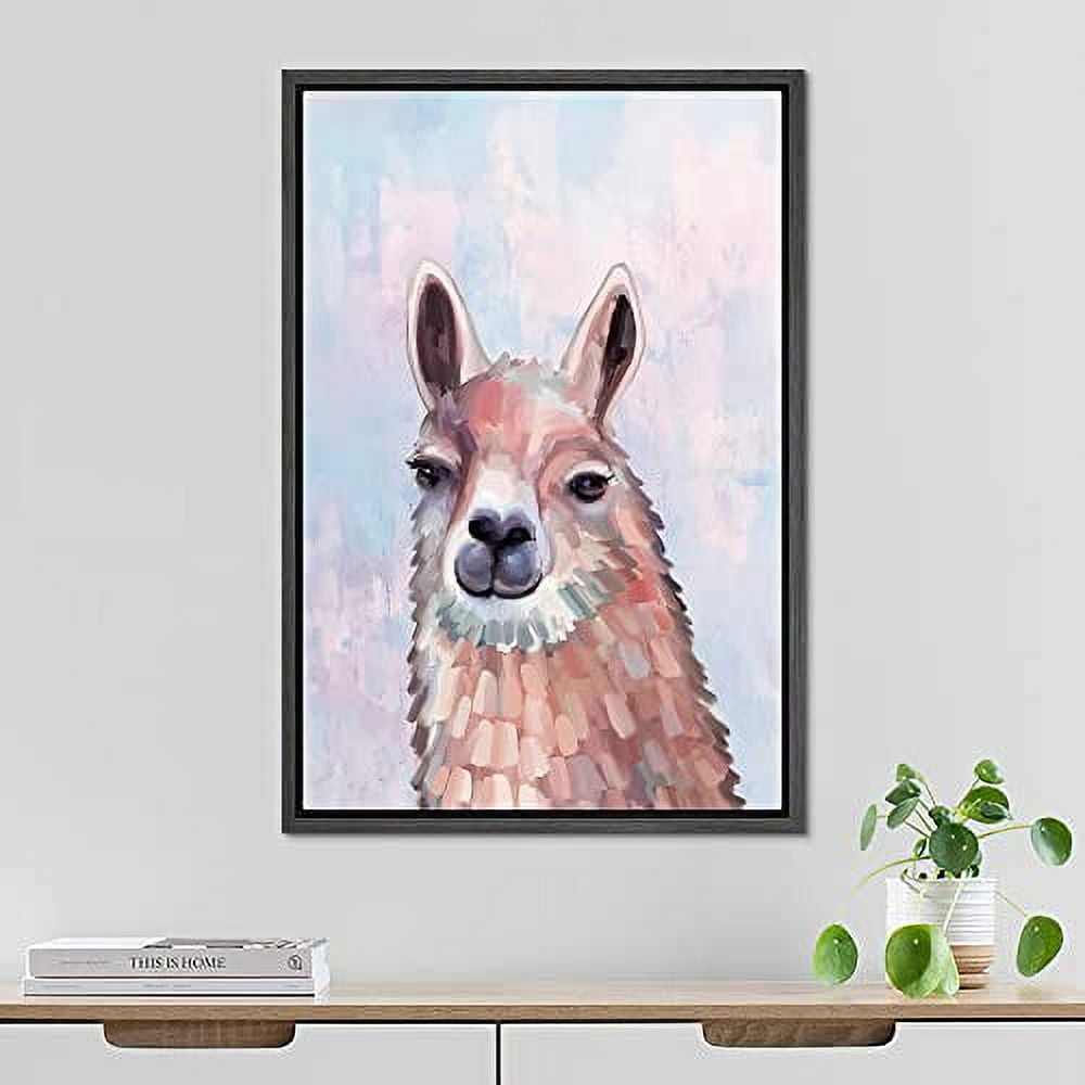 PixonSign Framed Wall Art Watercolor Pink Blue Sky Close Up Llama ...