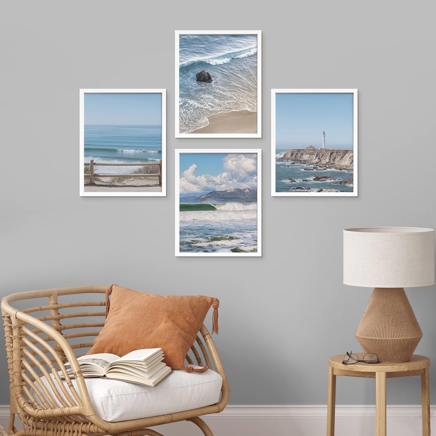PixonSign Framed Wall Art, White Aerial View Blue Ocean Wave Beach ...