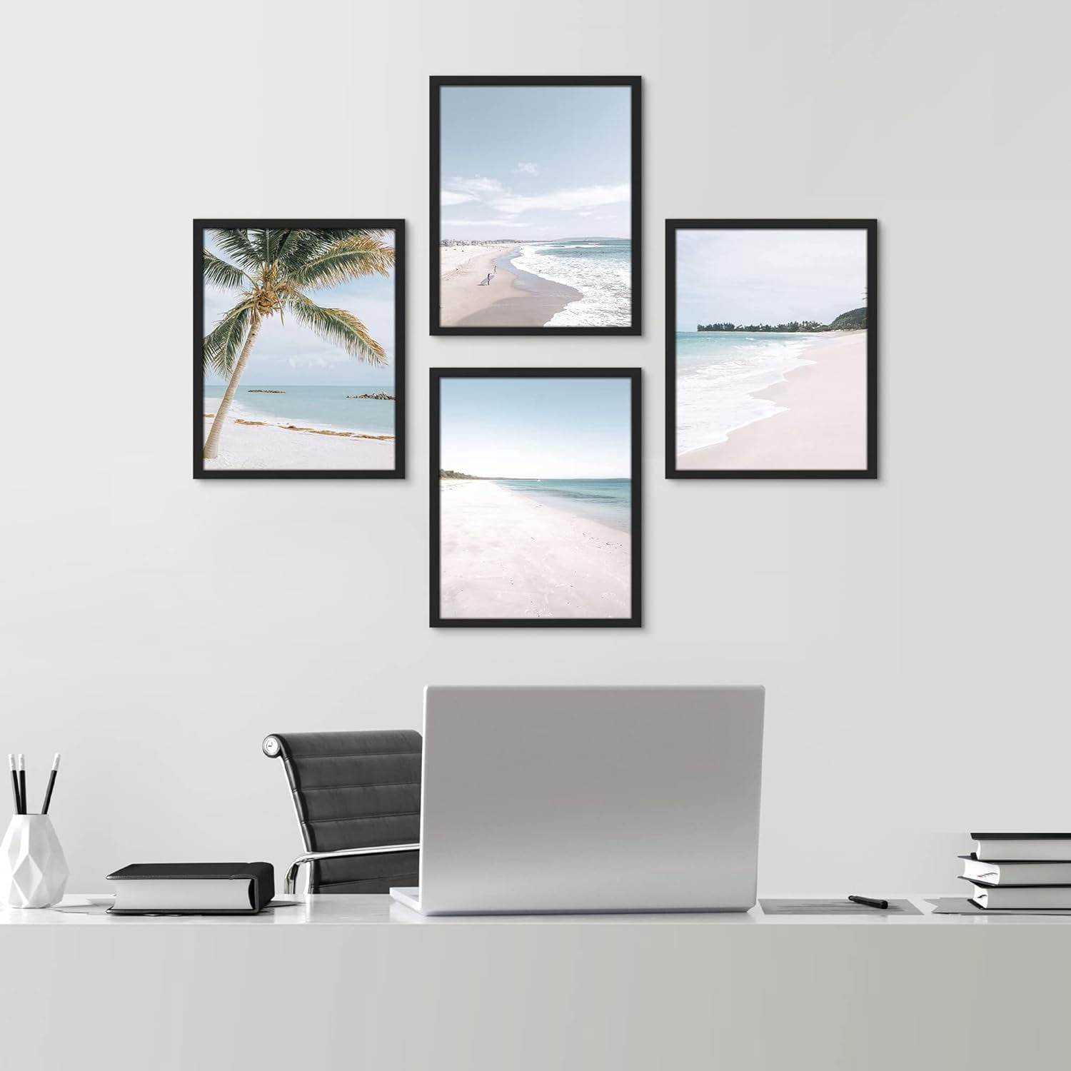 PixonSign Framed Wall Art, White Beach Shore Tropical Palm Tree Island ...
