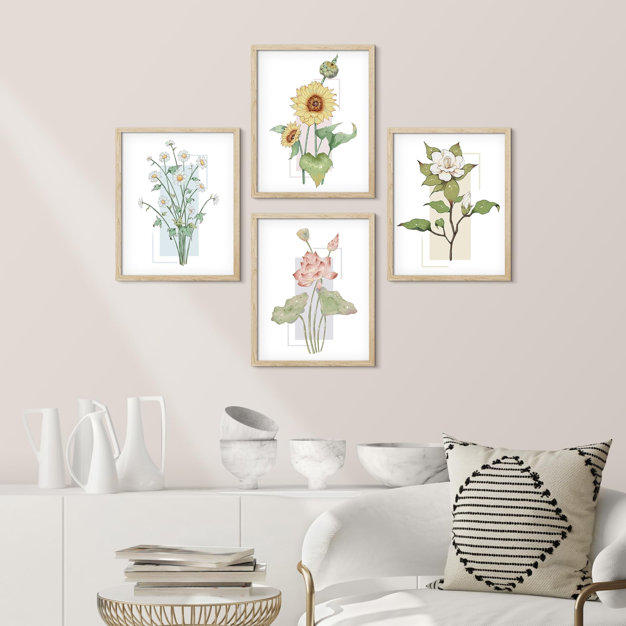 PixonSign Framed Wall Art Wildflower Forest Bouquet Prints, Set of 4 ...